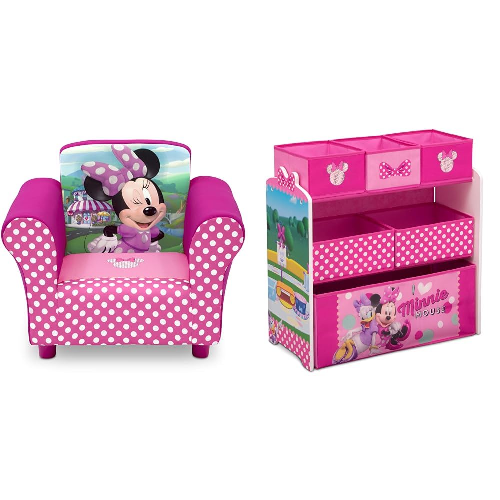 Delta Children Upholstered Chair, Wood, Disney Minnie Mouse & Disney Minnie Mouse 6 Bin Design and Store Toy Organizer