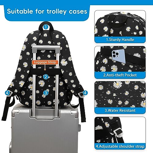 Classic Diamond Daisy Backpack for School Backpack for Girls Backpack with Lunch Box Bookbag Set Kids Backpacks for Teen Girls (Black)
