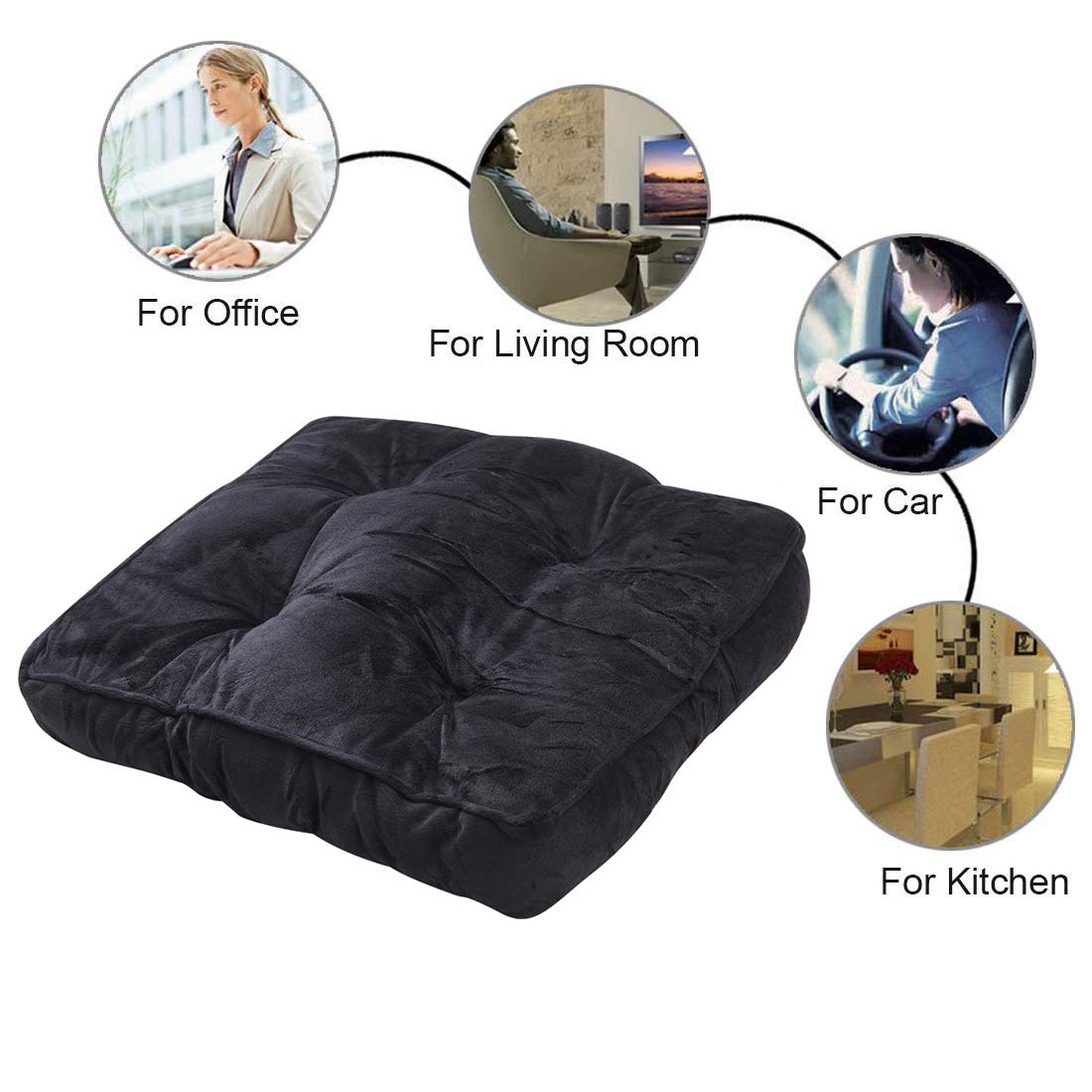 Big Hippo Chair Pads Square Chair Cushion with Ties Soft Thicken Seat Pads Cushion Pillow for Office,Home or Car Sitting 17" x 17"(Black)
