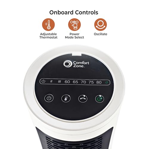 Comfort Zone Electric Oscillating Digital Tower Space Heater with Digital Thermostat, Built-in Overheat Sensor, and Power Indicator Light, Ideal for Home, Bedroom, & Office, 1,500W, CZ457EWT