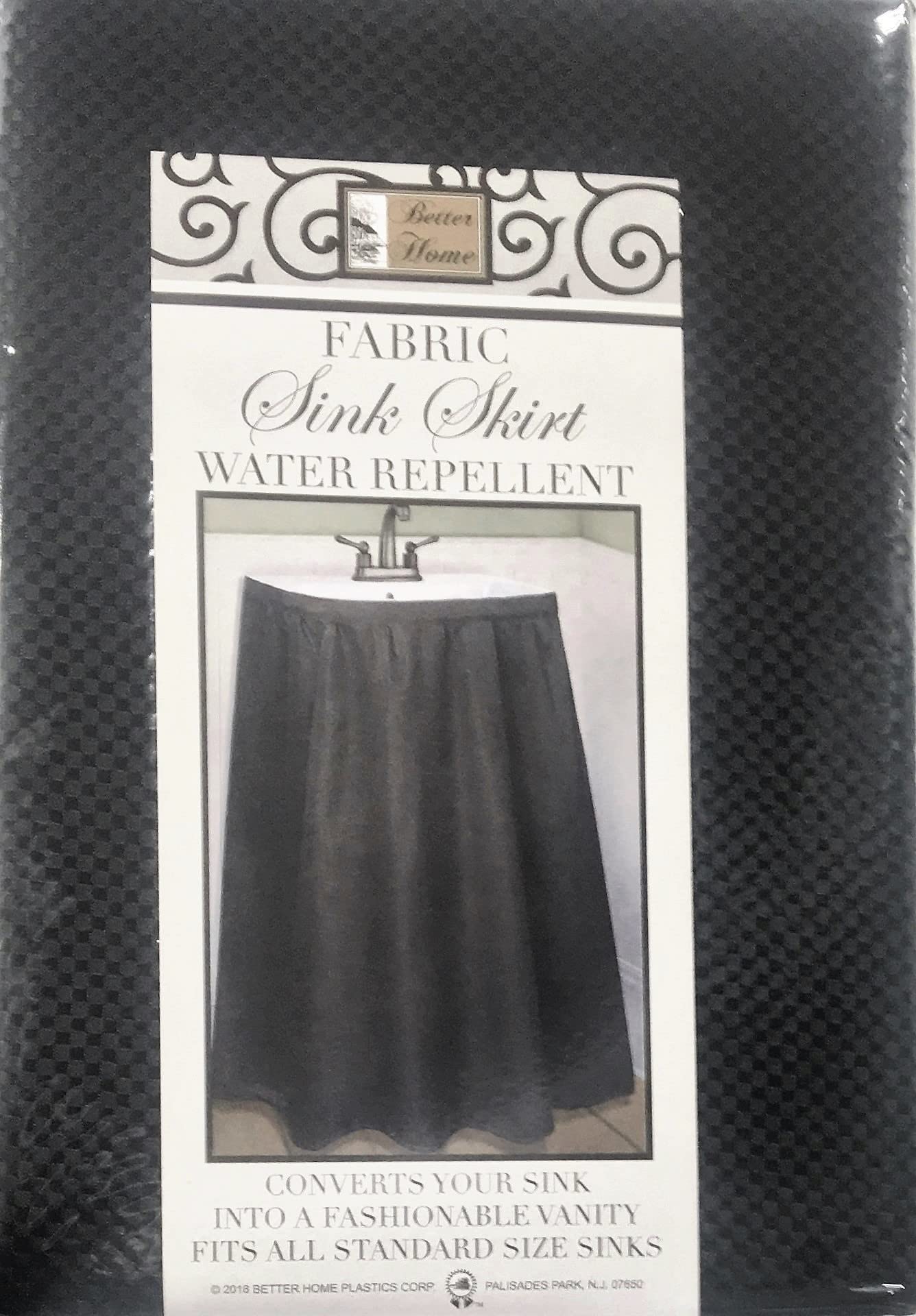Better Home Mosaic Fabric Sink Skirt, Self Stick, Water Repellent, Black