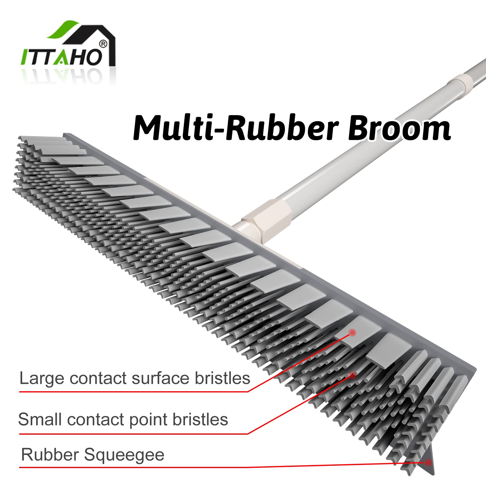 ITTAHO Rubber Broom Carpet Rake for Pet Hair Removal,55" Long Handle Fur Remover Broom with Silicone Squeegee, Carpet Hair Removal Tool for Carpet,Floor,Garage,Tile,Hardwood Floor,Garage