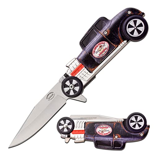 Busted Knuckle Garage - Spring Assisted Pocket Knife - Satin Finish Stainless Steel Blade, Aluminum Handle, Handle is Shaped Like Hot Rod, Liner Lock, Pocket Clip, Mechanic, Wrench Turners - BKG-A005