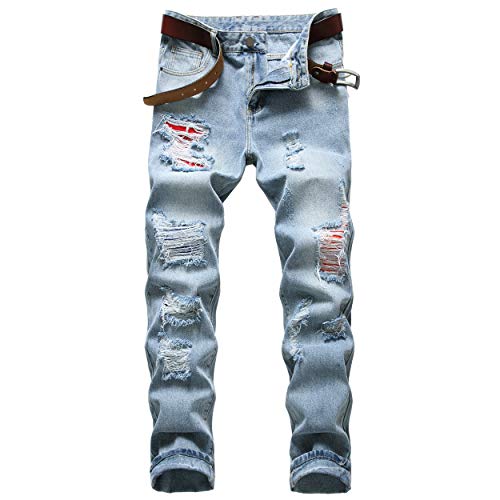 COOSVEN Men Ripped Jeans, Slim Fit Straight Leg, Denim Pants with Holes (Light Blue, 34)