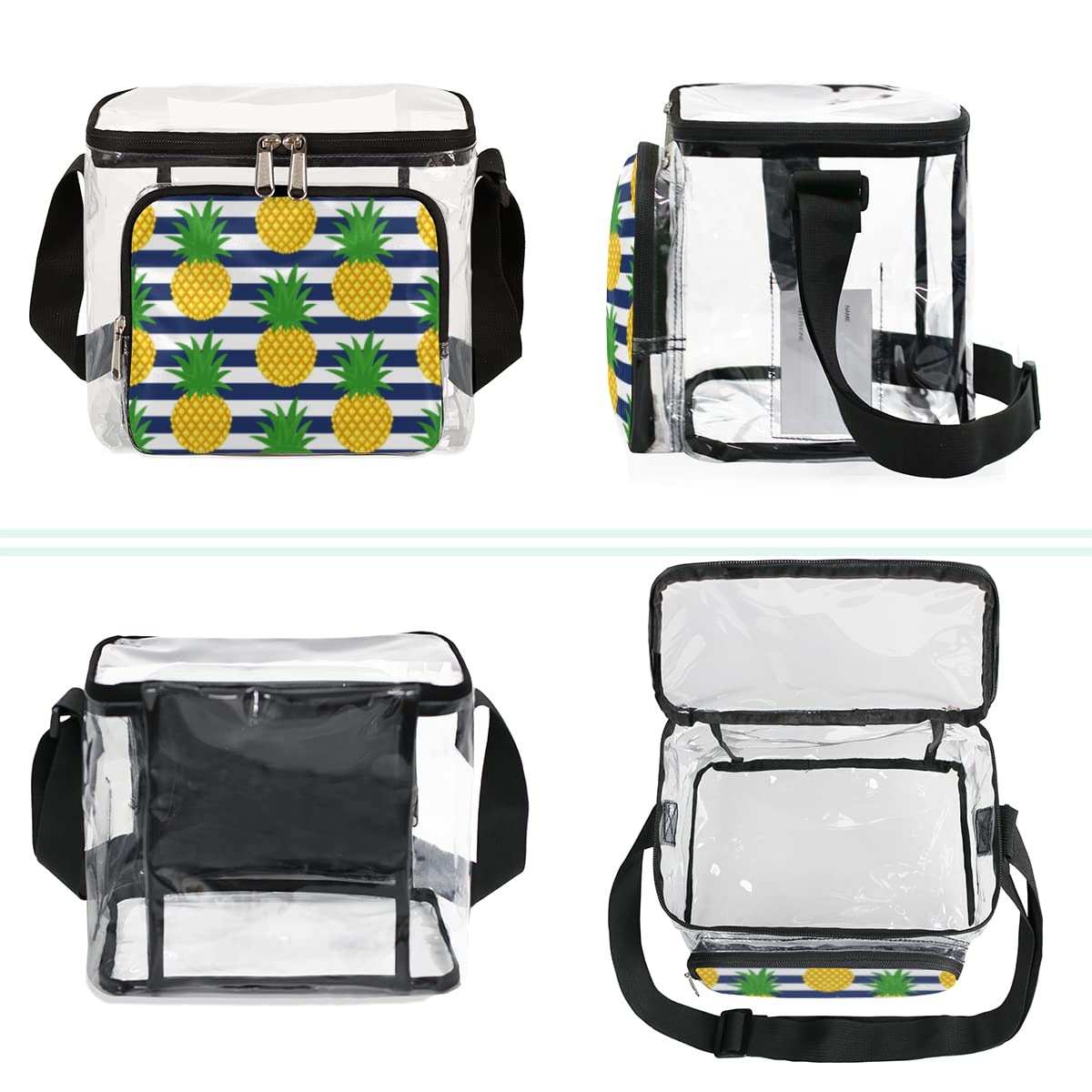 bisibuy Pineapple Striped Background Clear Lunch Bag Stadium Approved PVC Plastic See Through Lunch box with Adjustable Strap for Sports Events Concerts Office