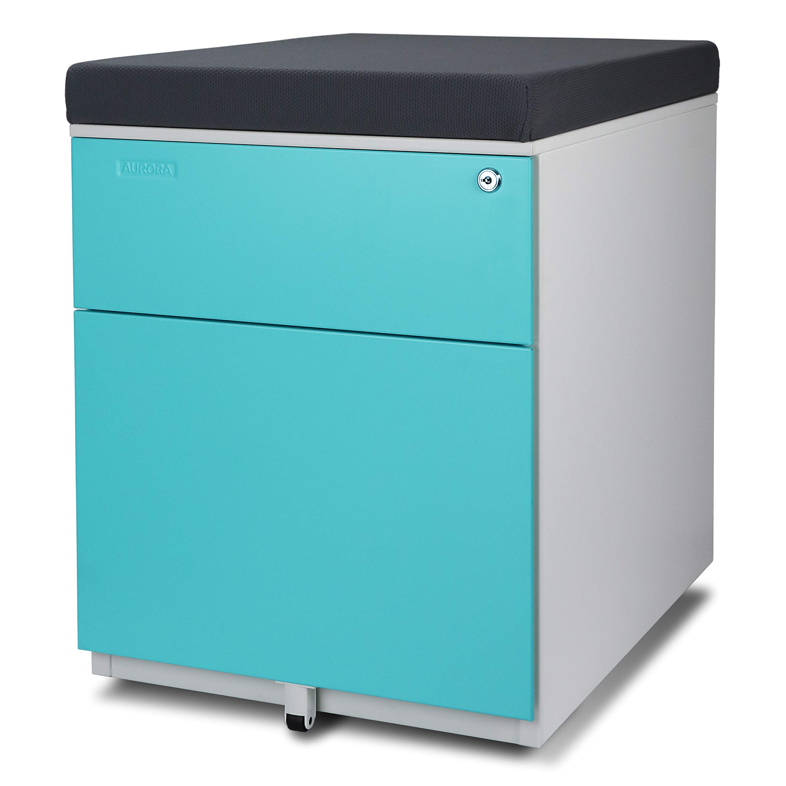 Aurora Mobile File Cabinet 2-Drawer Metal with Comfort Seat Cushion, Lock Key Sliding Drawer, Fully Assembled, Ready to Use, White/Aqua Blue