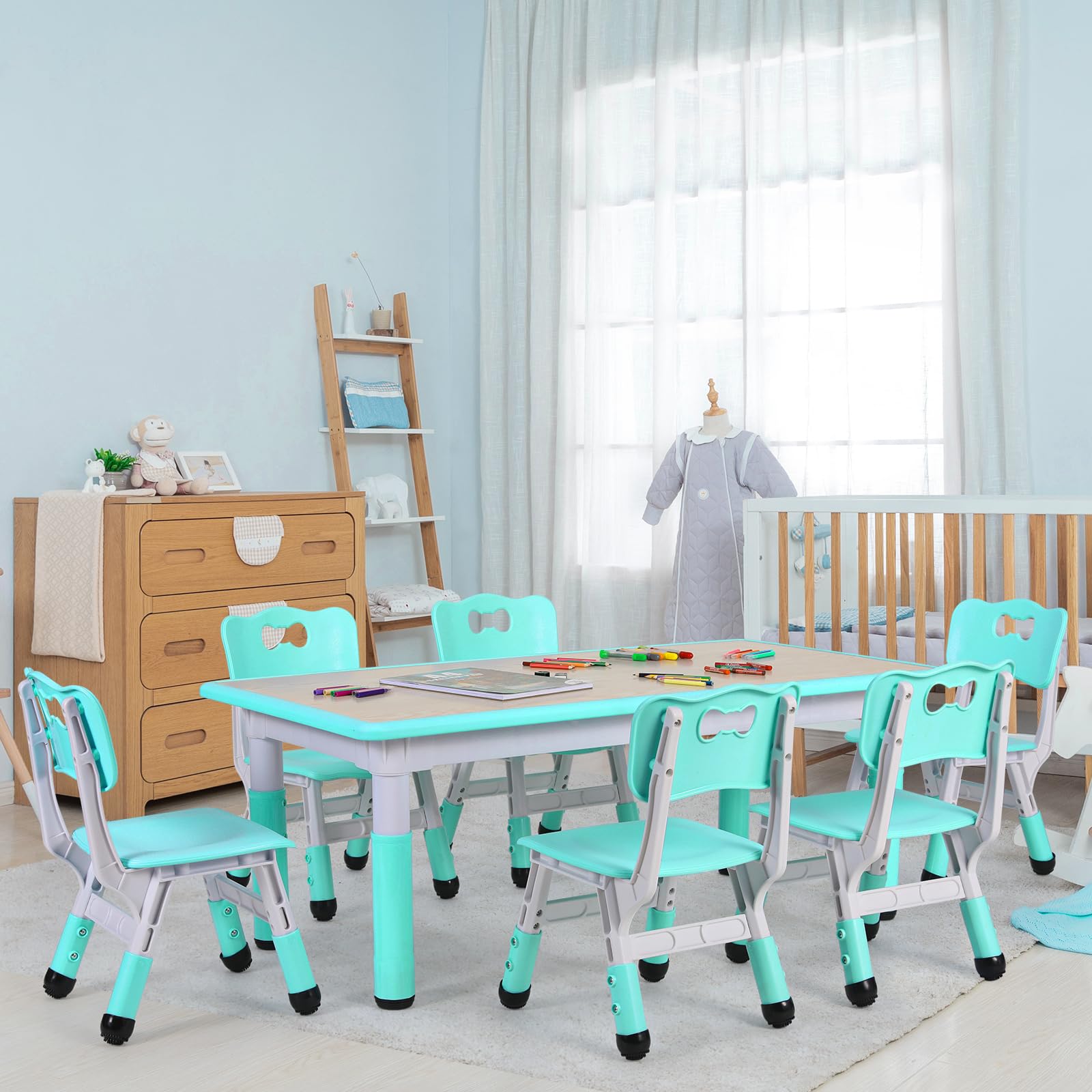 Arlopu Kids Table and 6 Chairs Set, Height Adjustable Graffiti Table, Preschool Activity Art Craft Table, for Daycare Classroom Home Boys and Girls Age 3-12 (Light Green)
