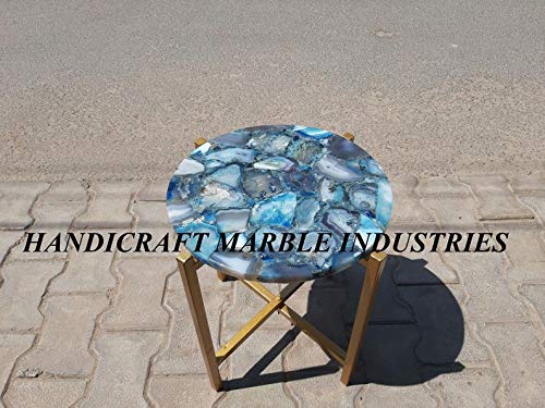 Blue Agate Stone Round Table Top 24" x 24" Inch With Metal Stand, Blue Agate Side Table And Stand, Customized Blue Agate Table, Piece Of Conversation, Family HeirLoom