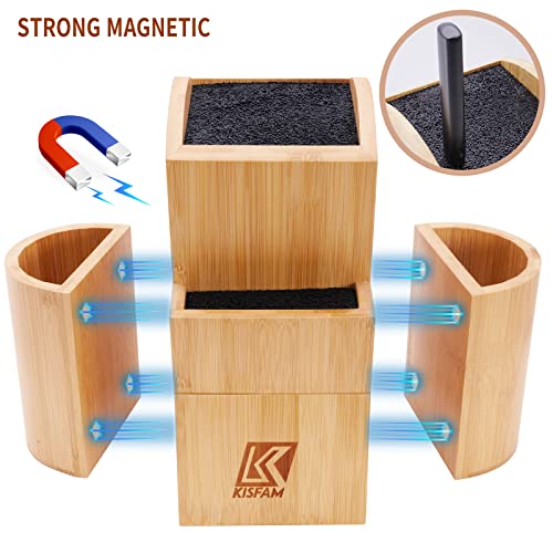Bamboo Universal Knife Block Two-Tiered Slot-Less Wooden Knife Stand, Knife Organizer & Holder - Convenient Safe Storage for Large & Small Knives & Utensils - Easy to Clean Removable Bristles