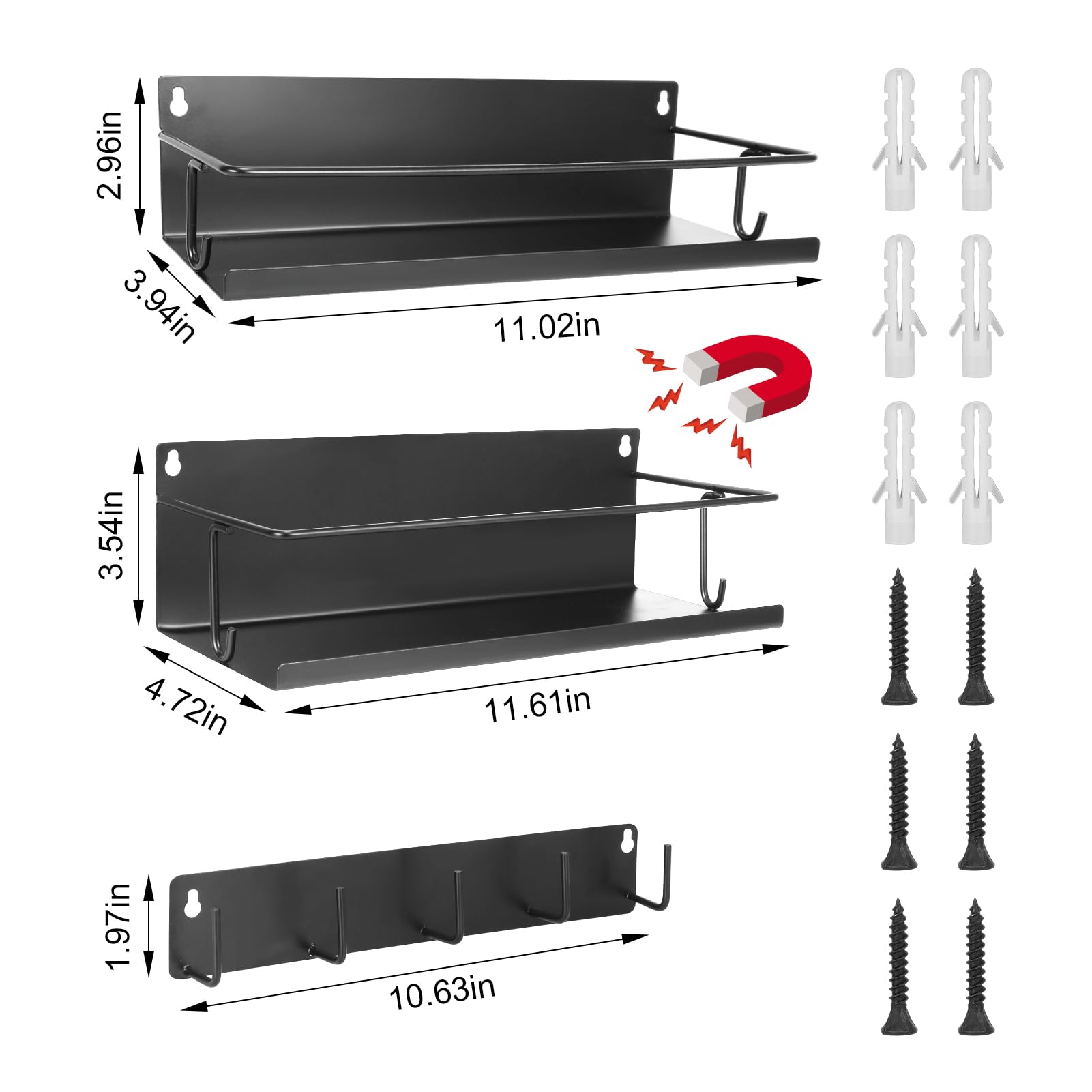 Bbbyddd Magnetic Spice Rack for Refrigerator, 3 Pack Magnetic Shelf, Moveable Magnetic Fridge Organizer with 9-Hook Rack for Kitchen Organization and Storage, Black(3 Pack)