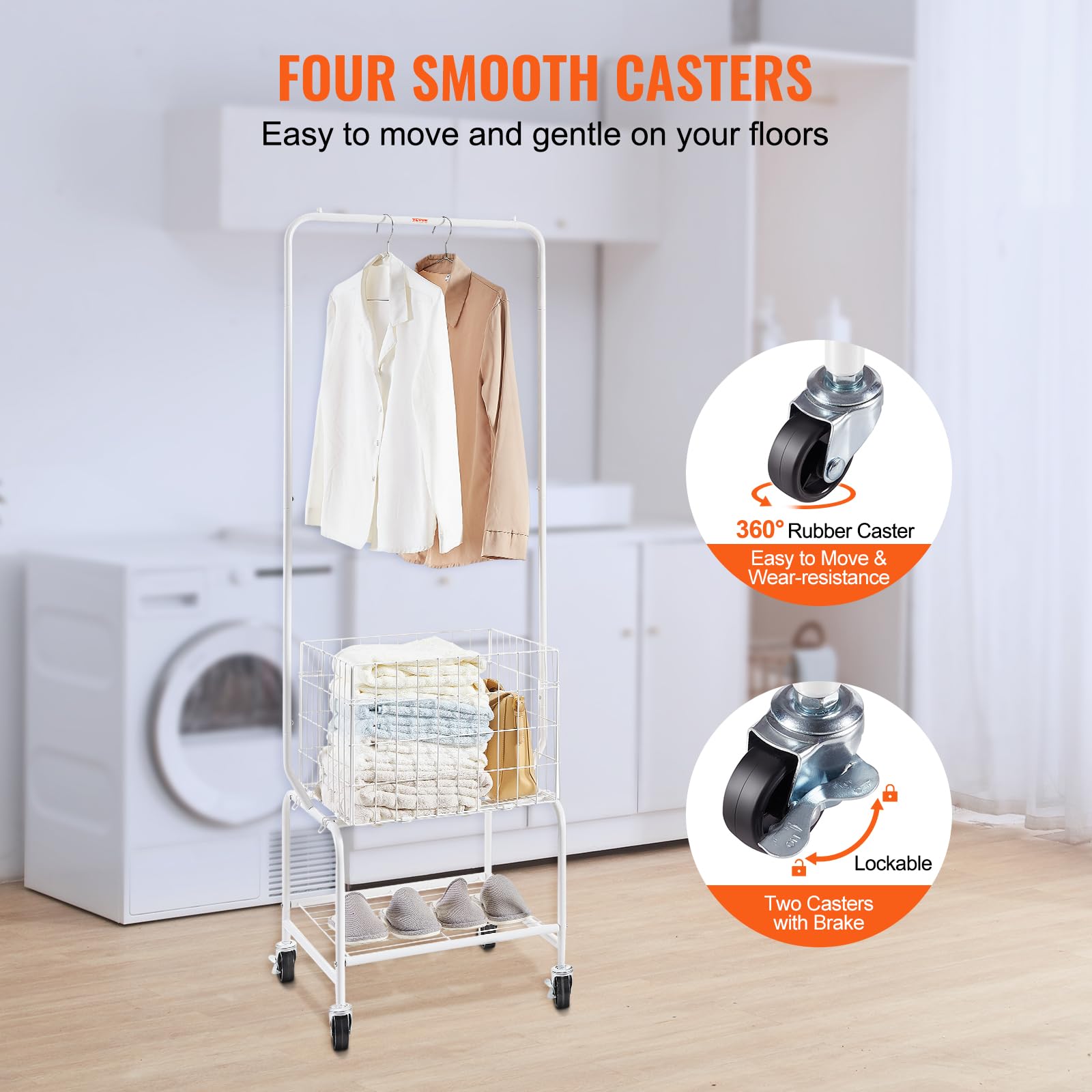 VEVOR Metal Rolling Laundry Basket with Hanging Garment Rack, Laundry Hamper Cart Adjustable Height with Basket Load and Shelf Load, Storage Organizer with Heavy Duty Lockable Wheels, White