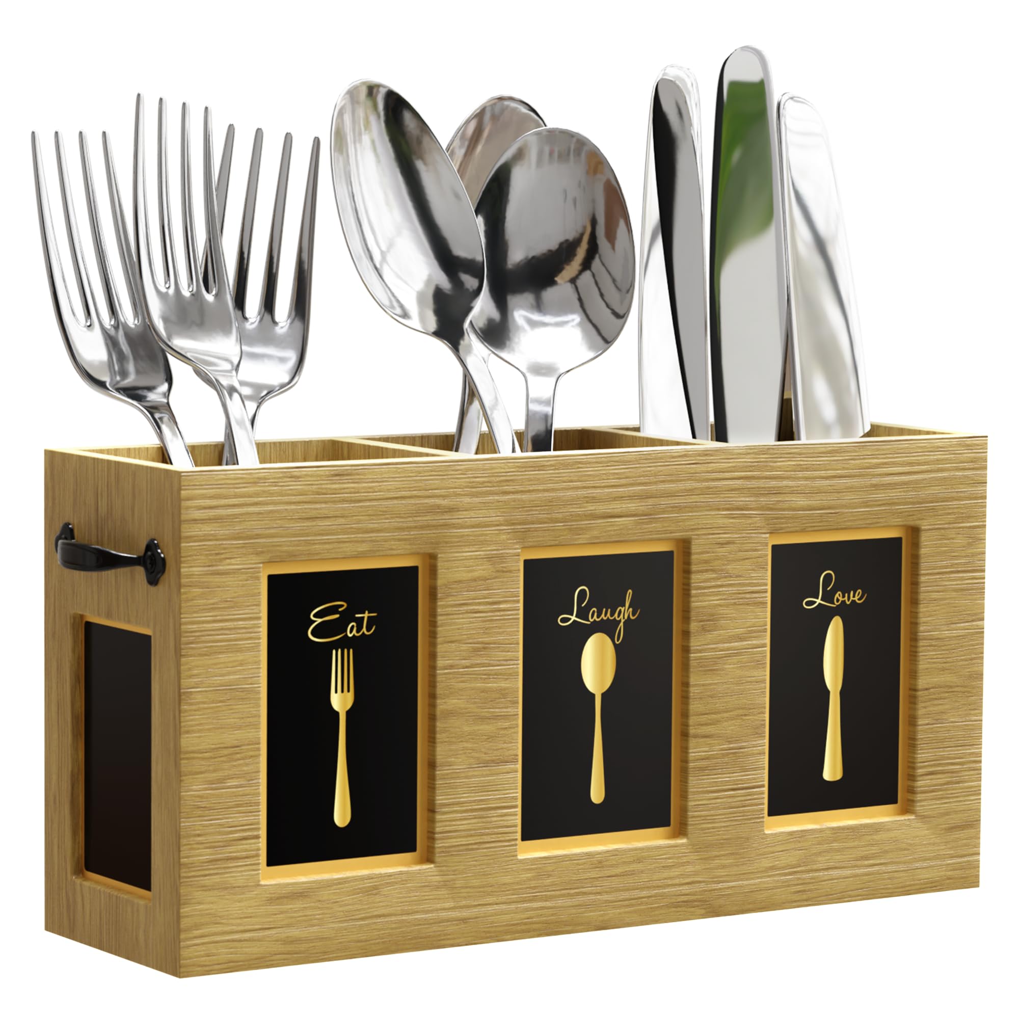 Bamboo Silverware Caddy, Cutlery Holder with Handle - 3 Compartment Utensil Holder and Easy to Clean Spoon Fork Knife Holder - Non-Slip utensil holder for kitchen counter and farmhouse kitchen décor