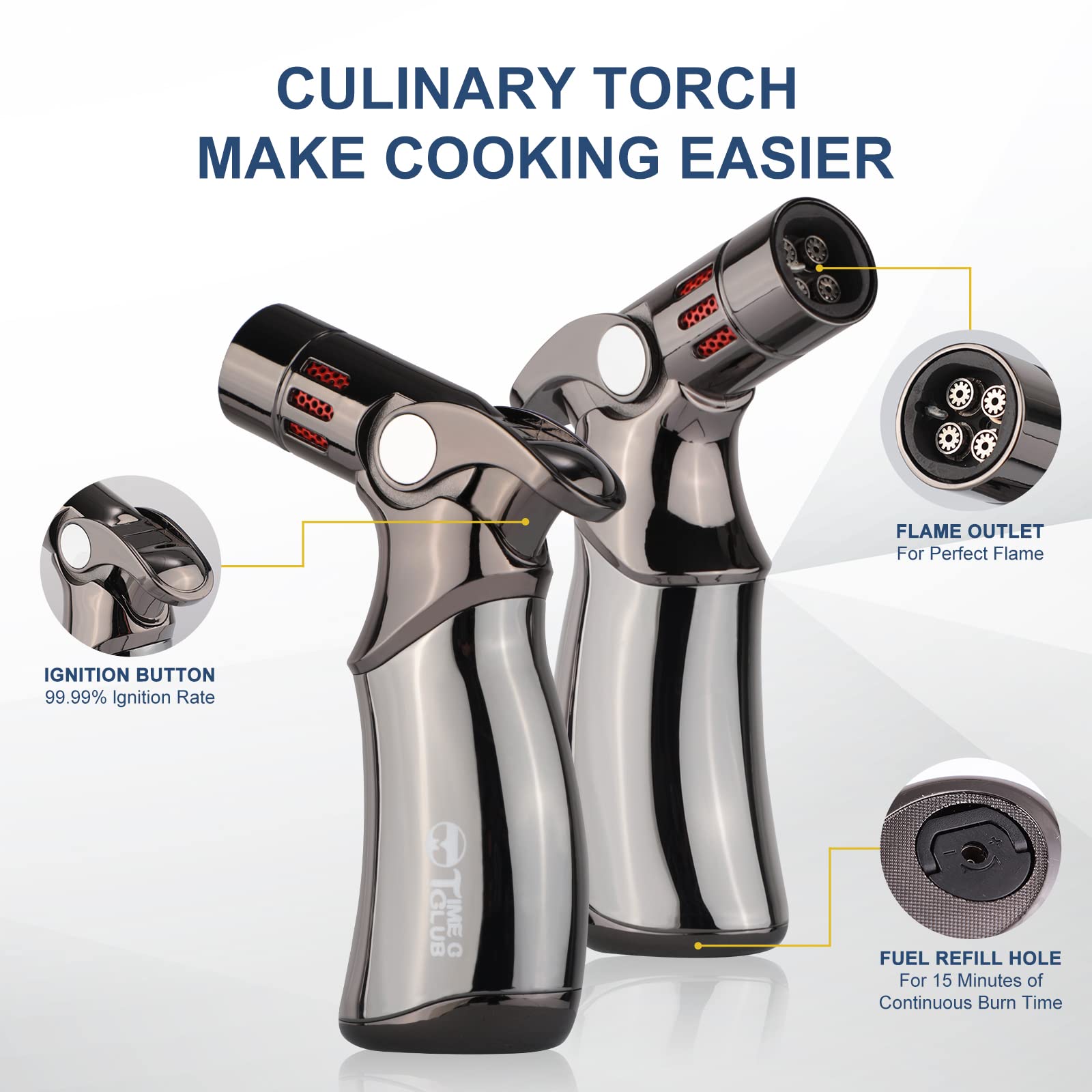 Butane Torch, Premium 4 Flame Big Kitchen Torch Lighters with Adjustable Refillable Multipurpose Culinary Blow Torch for Creme Brulee, Baking, BBQ (Butane Gas Not Included)