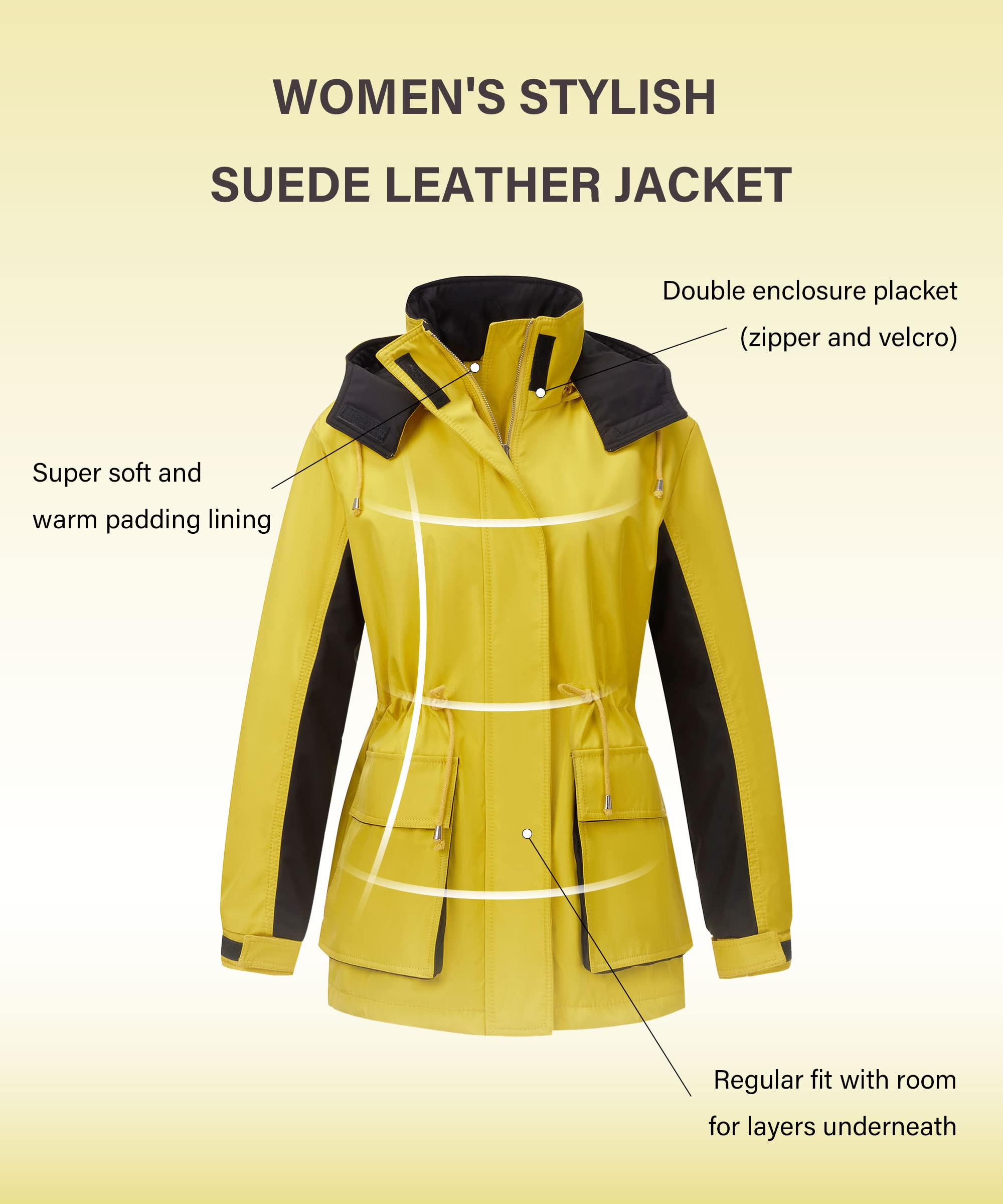 Bellivera Women's Outdoor Windbreaker Jacket,The Warm Padding Trench Coat with Hood for Spring and Winter 19007 Yellow S