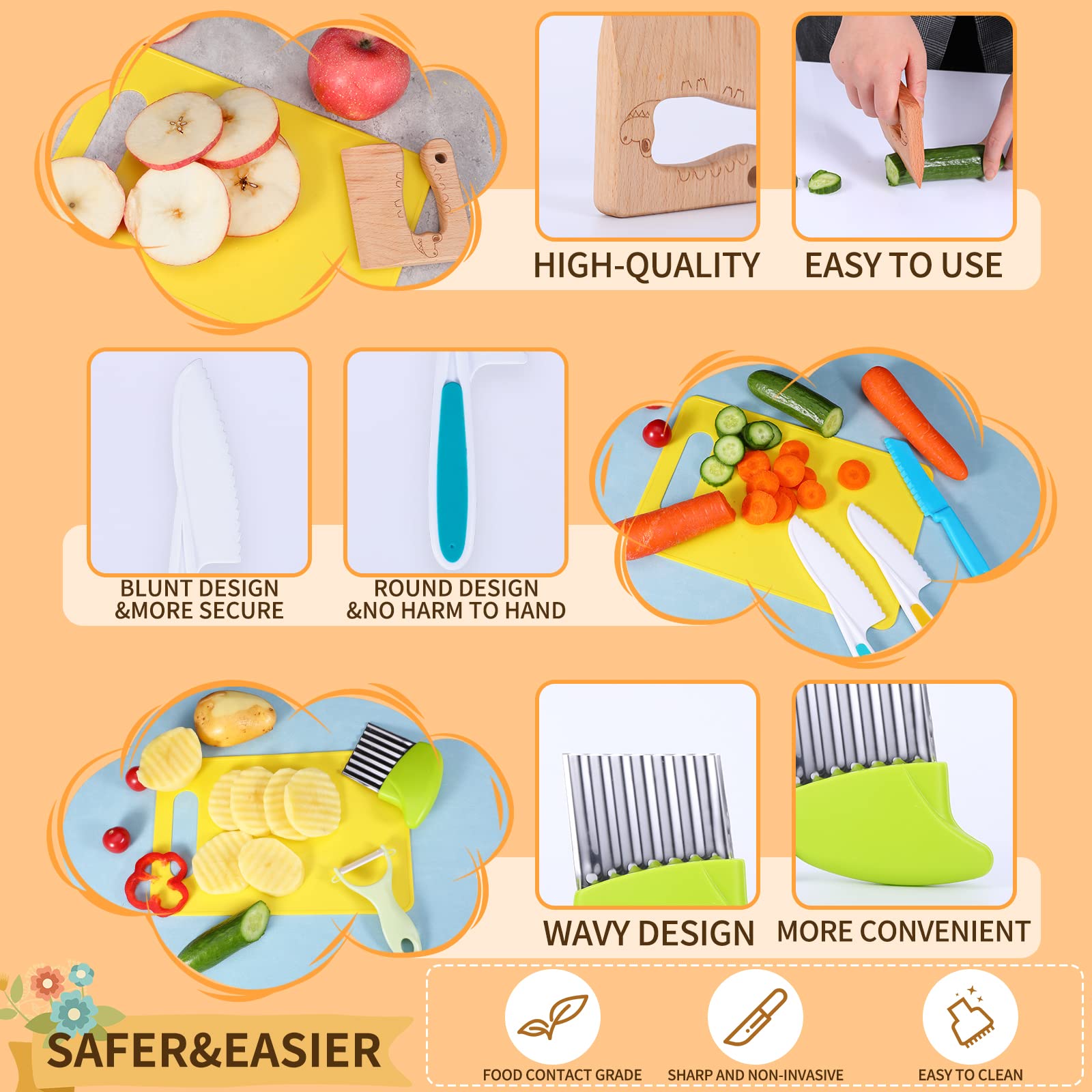 Arme 20 Pieces Wooden Kids Knife Set, Kids Safe Knifes For Cooking,Kids Kitchen Knives For Parent-Child Games&Exercise Hands-On Ability&Gifts