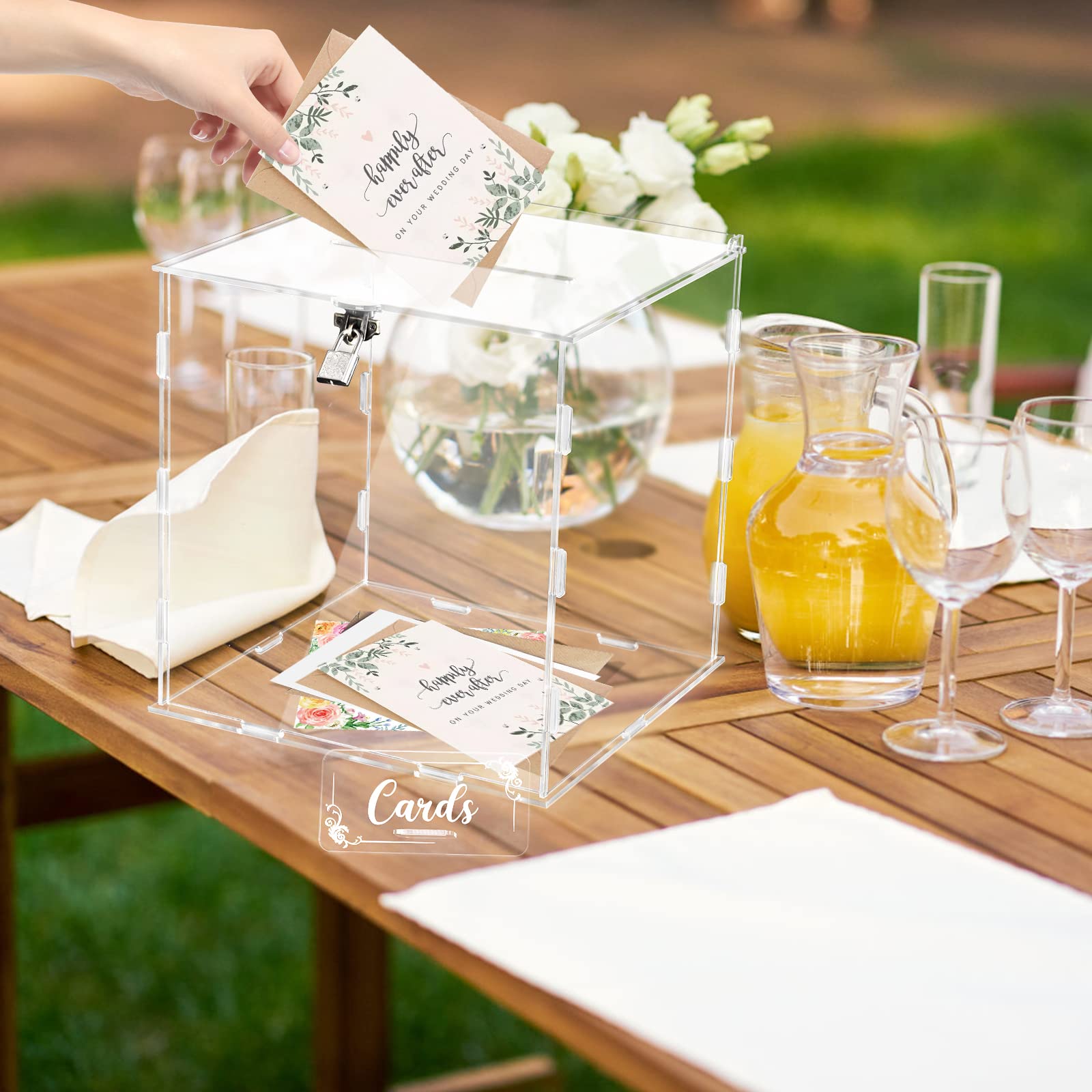 Eaezerav Acrylic Wedding Card Box, Clear Acrylic Wedding Money Box with Lock and Card Sign for Reception Anniversary Wedding Birthday Graduation Party (Acrylic 10×10×9 Inch)