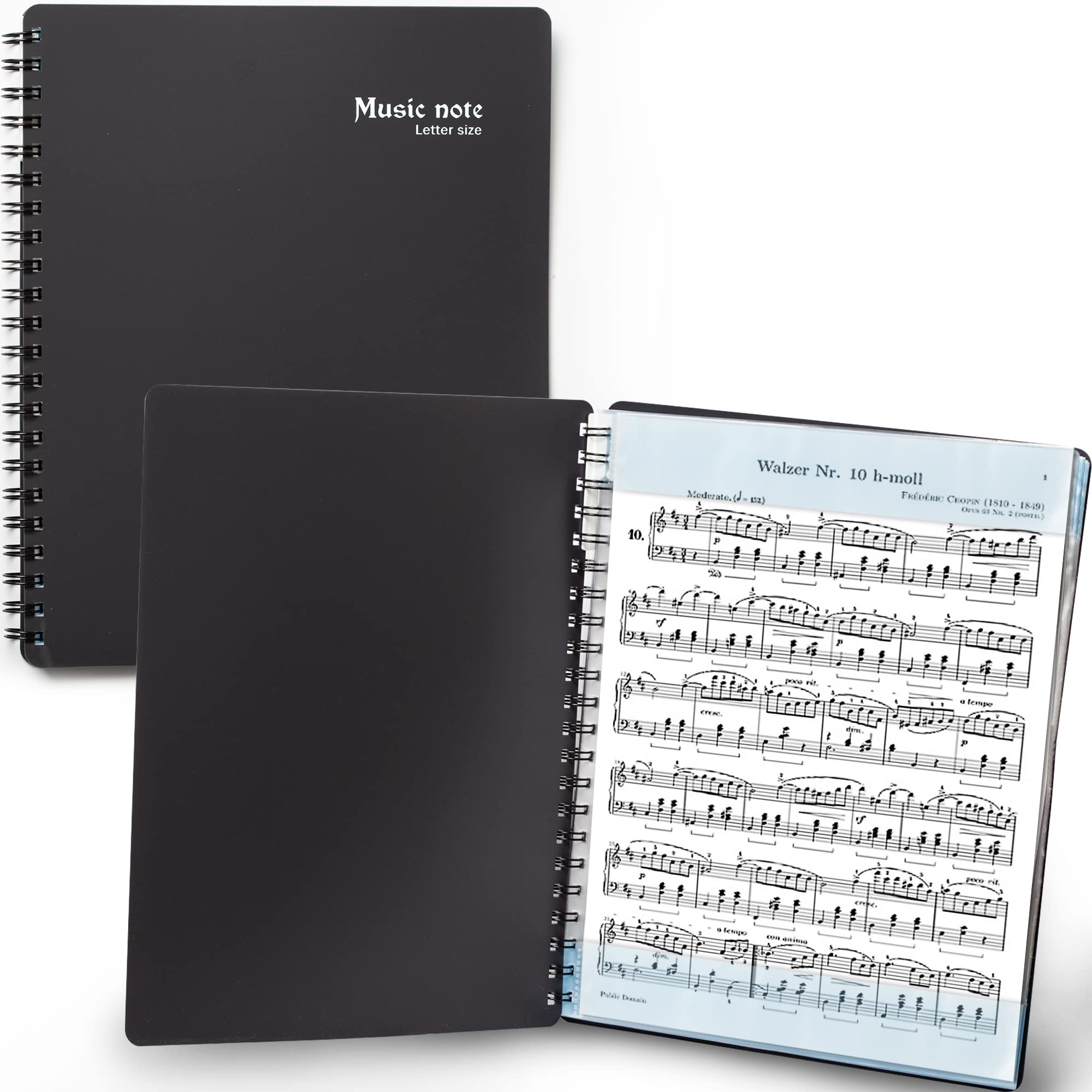 MECCALINE Sheet Music Folder (1 Pack, Black) – 40 Sleeves Display 80 Pages Spiral Binder Organizer for Music Stand – Fits Letter Size 8.5 x 11 Inch – Direct Page Writing with Detachable Name Tag
