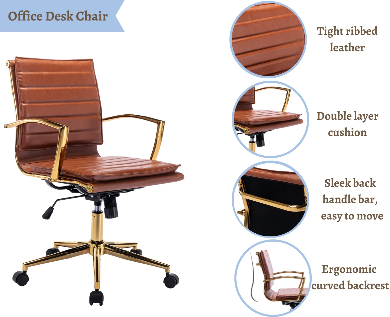 EALSON Modern Leather Office Chair Comfortable Home Office Desk Chair with Wheels and Arms Gold Base Conference Chair Ergonomic Computer Task Chair Adjustable Swivel Chair, Brown