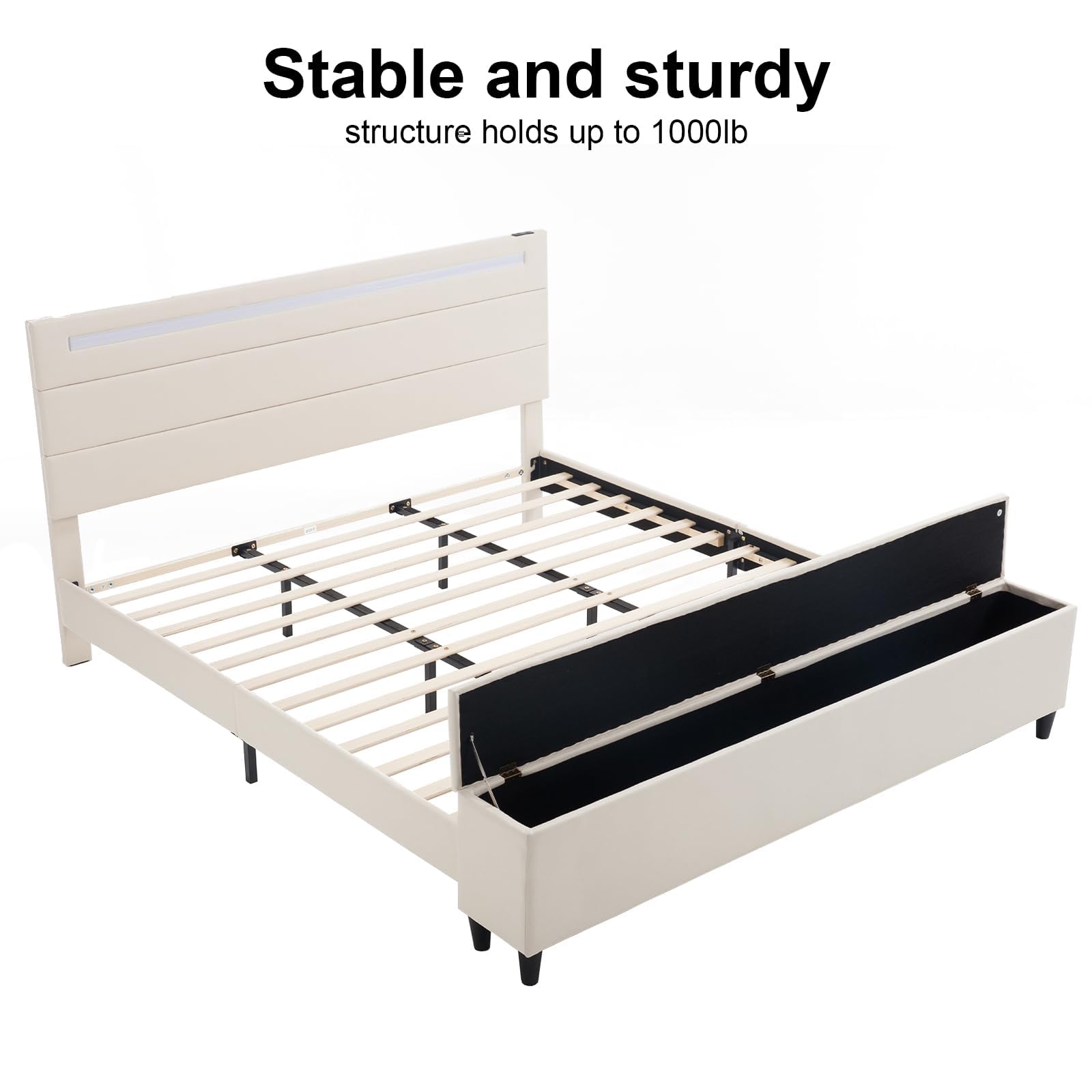 Benevika Upholstered Platform Queen Bed Frame with Large Storage, Modern Linen Fabric Headboard with LED Lights and Charging Station, Sturdy, Ottoman, No Box Spring Needed, Easy Assembly, Grey