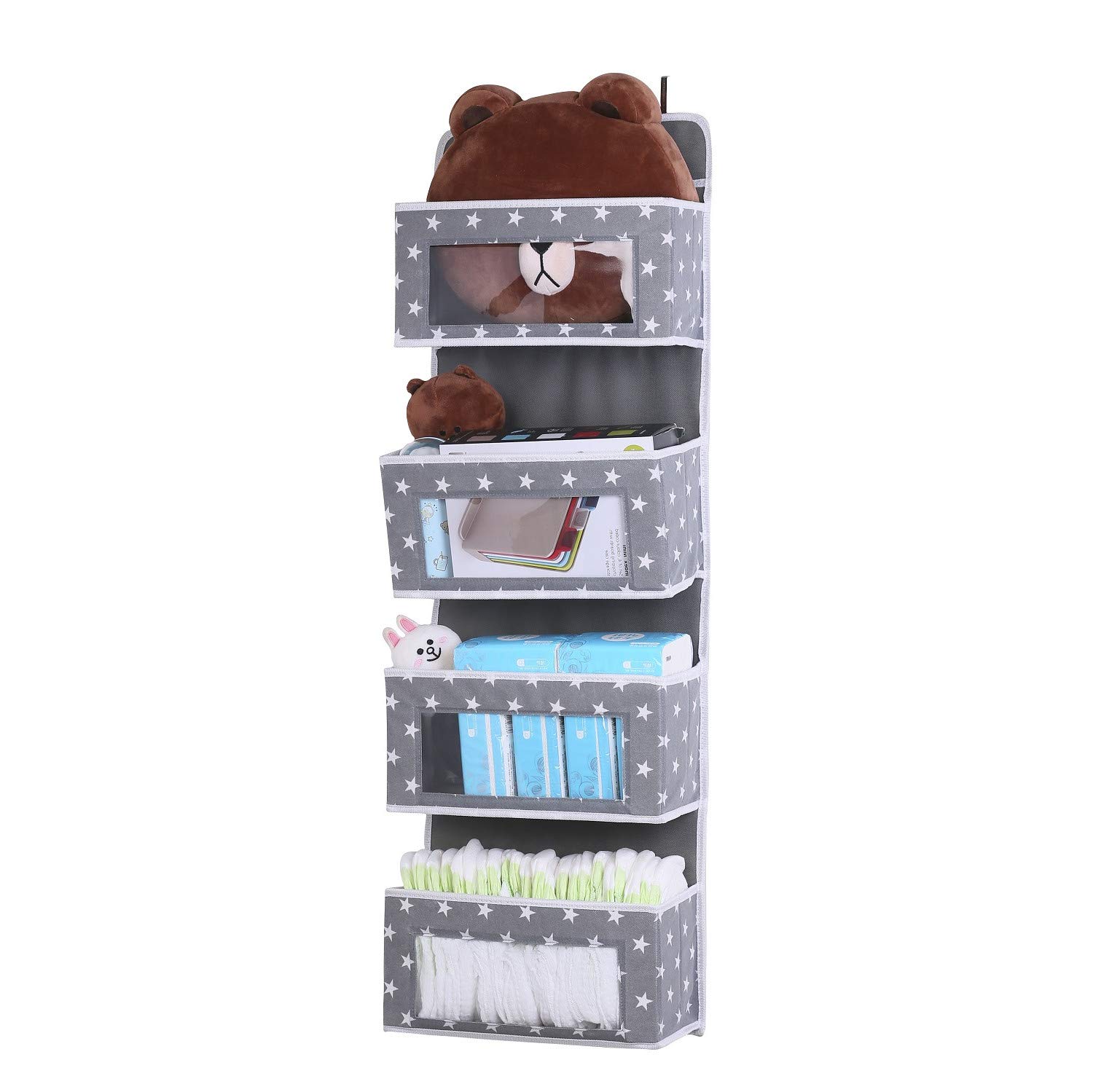 Baby Organizer Baby Over Door Organizer Nursery Closet Canbinet Baby Storage Bedroom Wall Hanging Storage 4 Clear Window Pocket Wall Mount Storage Organizer with 2 Mental Hooks