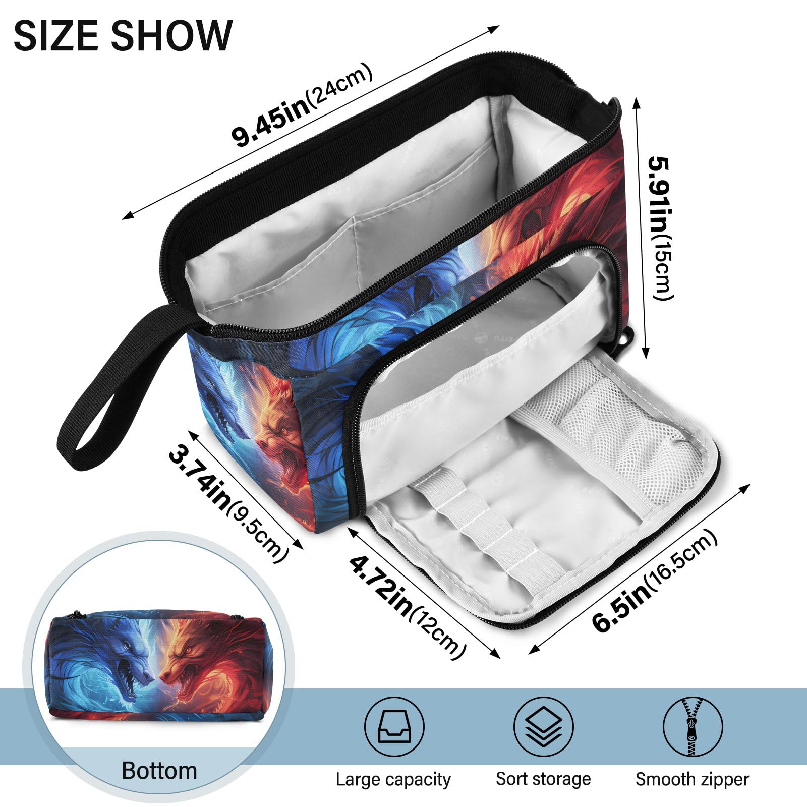Big Capacity Pencil Case, Blue Red Dragon Pen Bag Pouch Holder Stationery Bag School College Office Organizer for Teen Adults Student