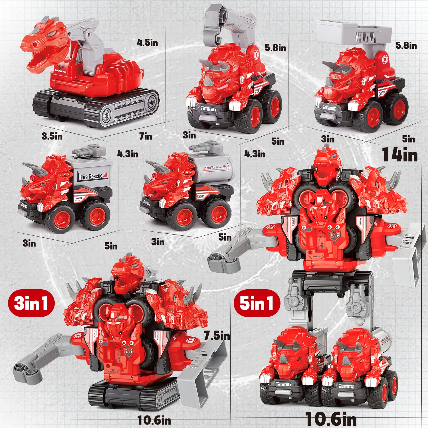 Asoxt Fire Fun for Little Firemen: Toddler Robot Fire Trucks, Transforming Robots STEM Toys,Easy DIY Assembly Function,5 in 1 Educational Toys