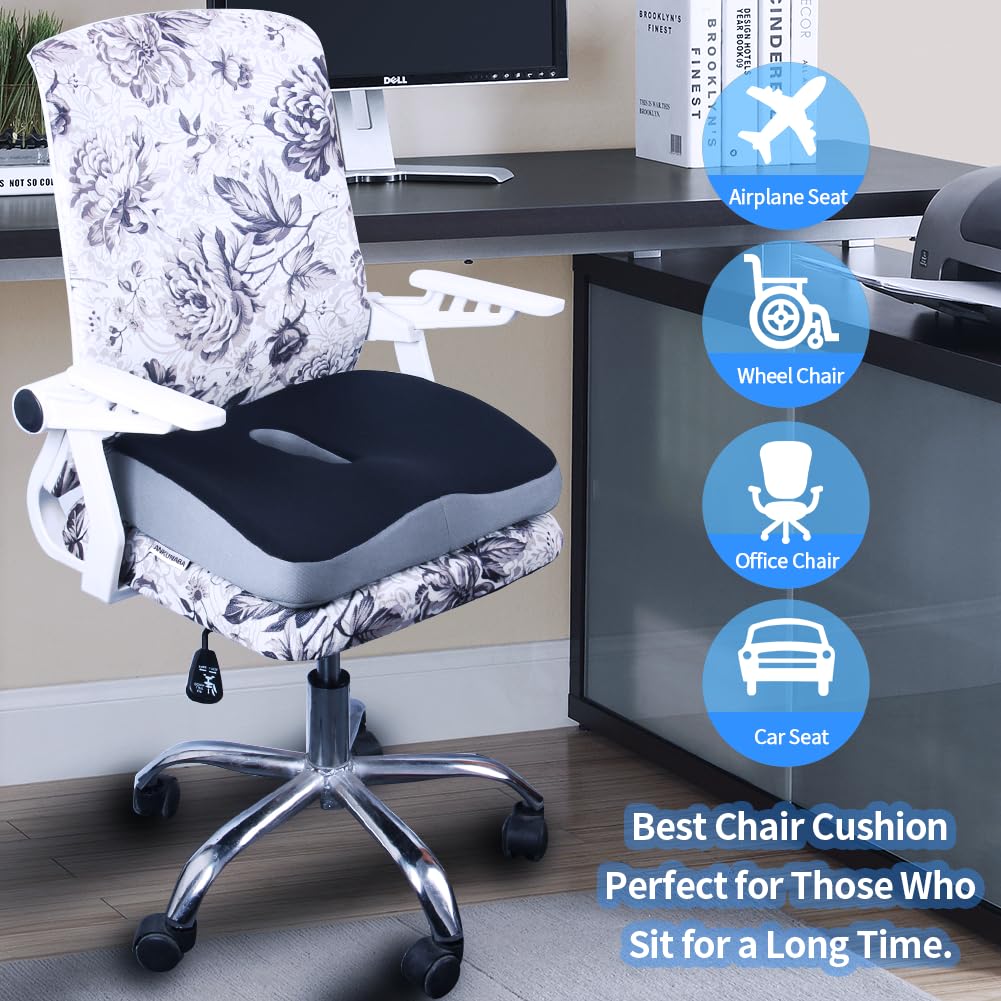 ANKUNABA Seat Cushions for Office Chairs, Large Memory Foam Chair Pad for Coccyx Tailbone Sciatica Back Pain Relief, Orthopedic Butt Pillow for Desk Car Wheelchair Computer Long Sitting (Black)