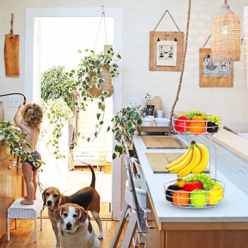 Bextsrack 2-Tier Countertop Fruit Basket Bowl with Banana Hanger, Metal Wire Fruits Stand Holder Storage Organizer for Kitchen, Silver
