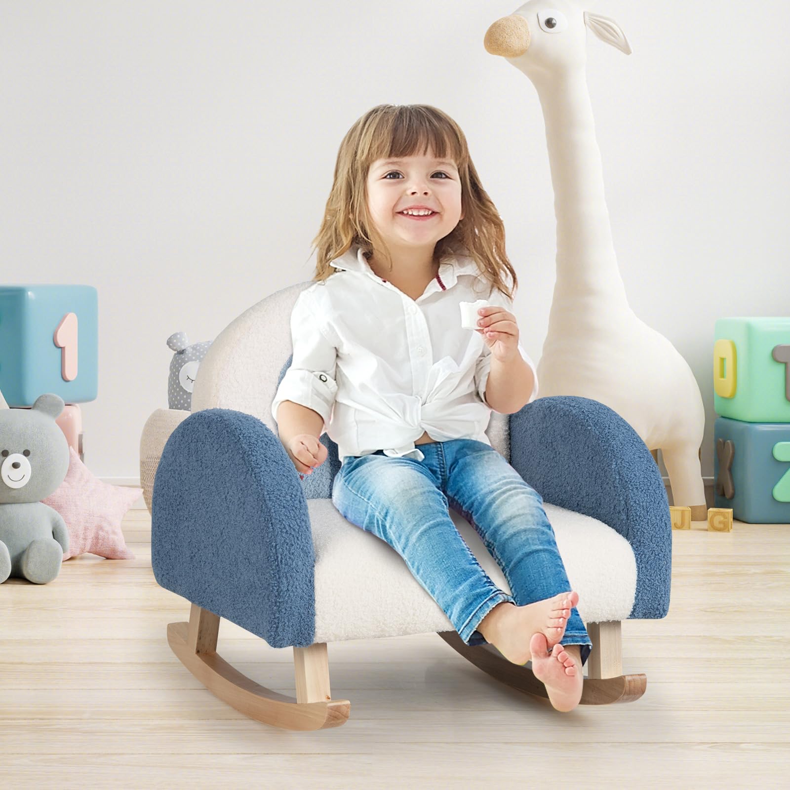 HONEY JOY Toddler Rocking Chair, Kids Rocker Chair with Solid Wood Frame & Plush Fabric, Kids Furniture Sofa w/Anti-Tipping Design, Toddler Couch for Kids Room, Playroom, Nursery, Bedroom (Blue)