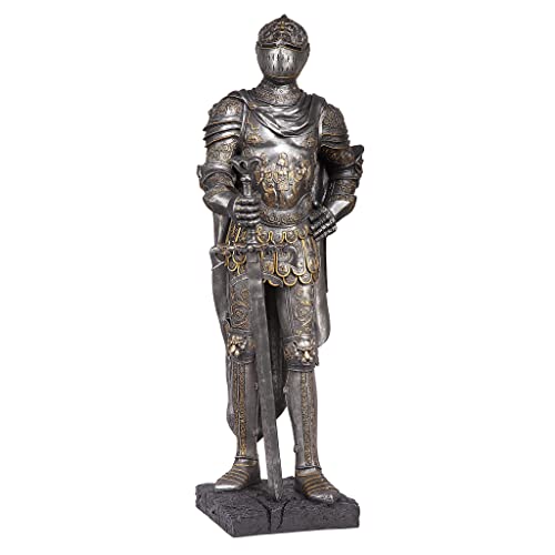Design Toscano King's Guard Medieval Decor Half Scale Knight Armor Gothic Statue, 39 Inch Tall, Cast Stone Resin, Metallic Finish with Faux Stone Base