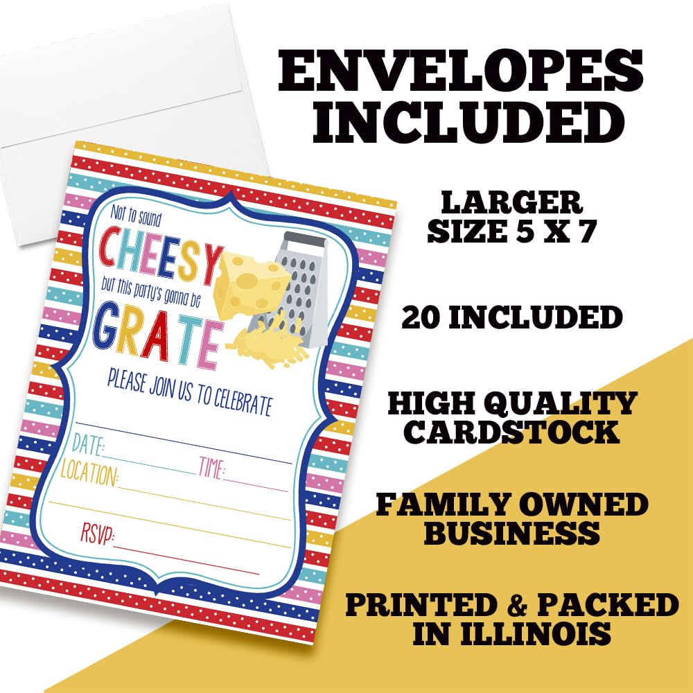 Cute & Silly Shredded Cheese Themed Birthday Party Invitations for Kids, 20 5x7 Fill In Cards with Twenty White Envelopes by AmandaCreation…