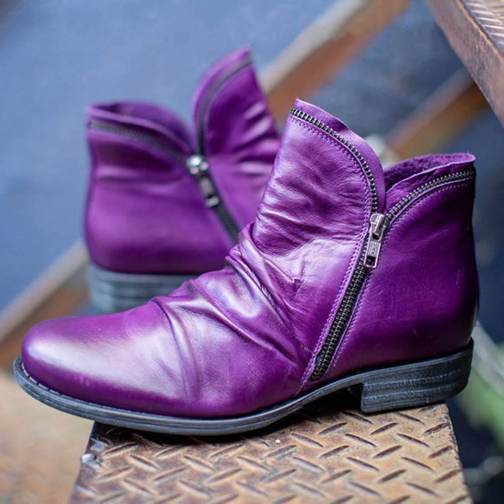 AODONG Ankle Boots for Women Low Heel Short Ankle Booties Zipper Platform Boots Round Toe Non-Slip Combat Womens Boots Purple