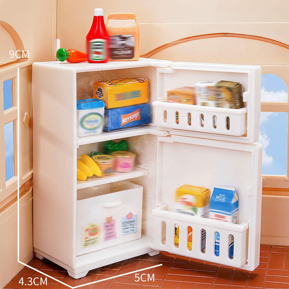 Hiawbon 21 Pcs Mini House Miniature Refrigerator with Mini Food Set Mini Kitchen Furniture Fridge Decorations Miniature Food with Juice Milk Ice Creams Vegetables