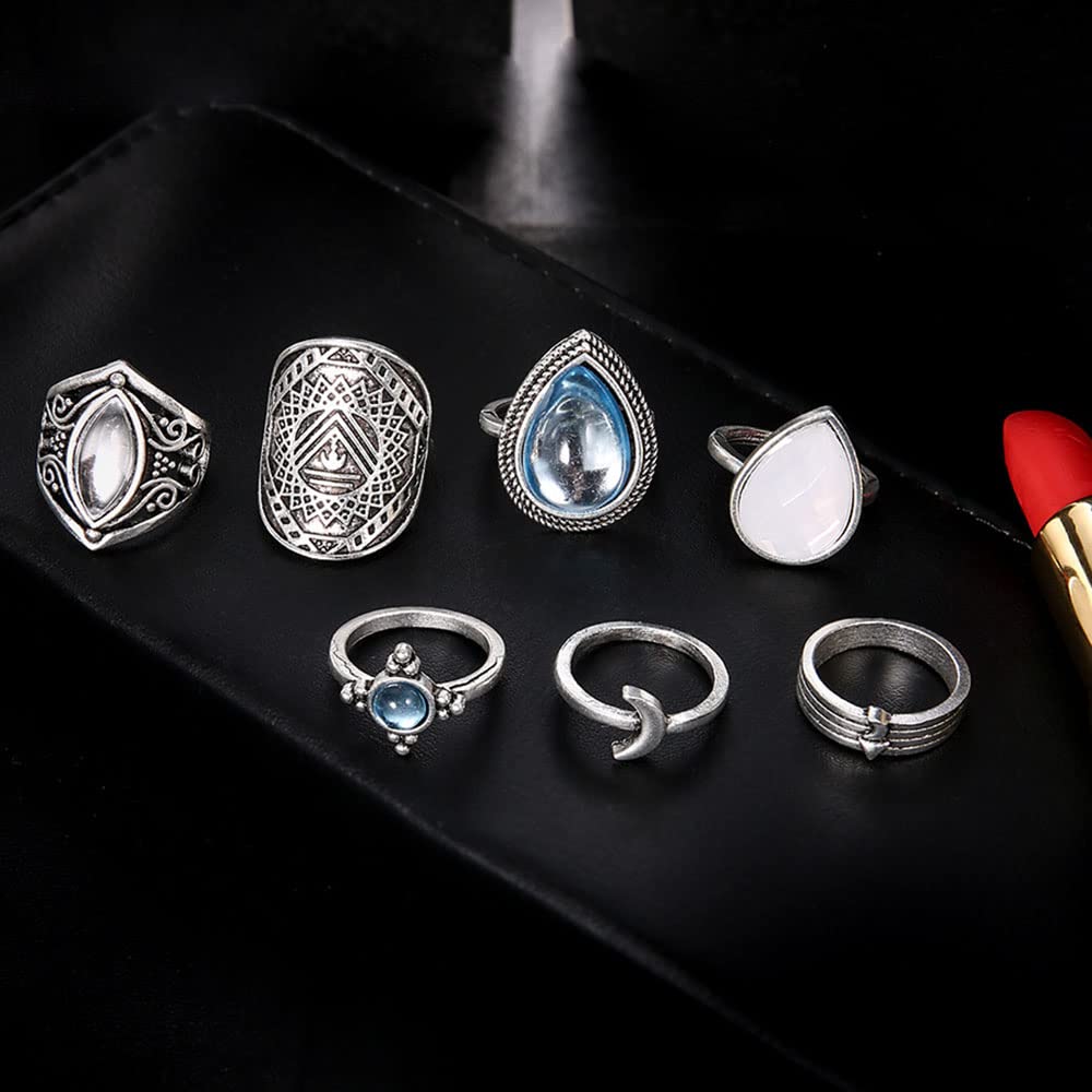 Asphire 7pcs Bohemian Joint Knuckle Rings Set Opal Gemstone Stackable Midi Ring Band Vintage Carved Geometric Finger Rings Sapphire Chunky Ring Pack for Women (Style 5)
