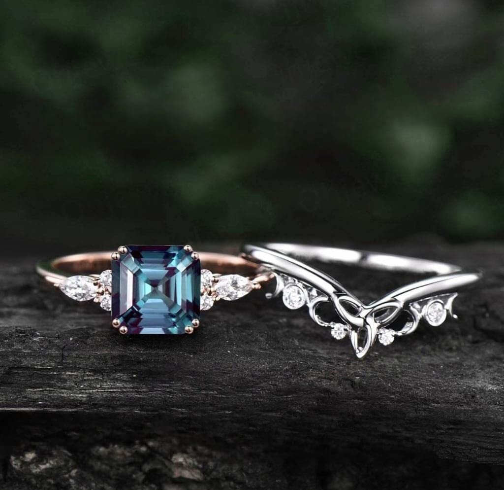 Asscher cut Alexandrite engagement ring set solid 14k rose gold art deco unique marquise diamond wedding bridal ring set for women jewelry (WHITE GOLD, 5)