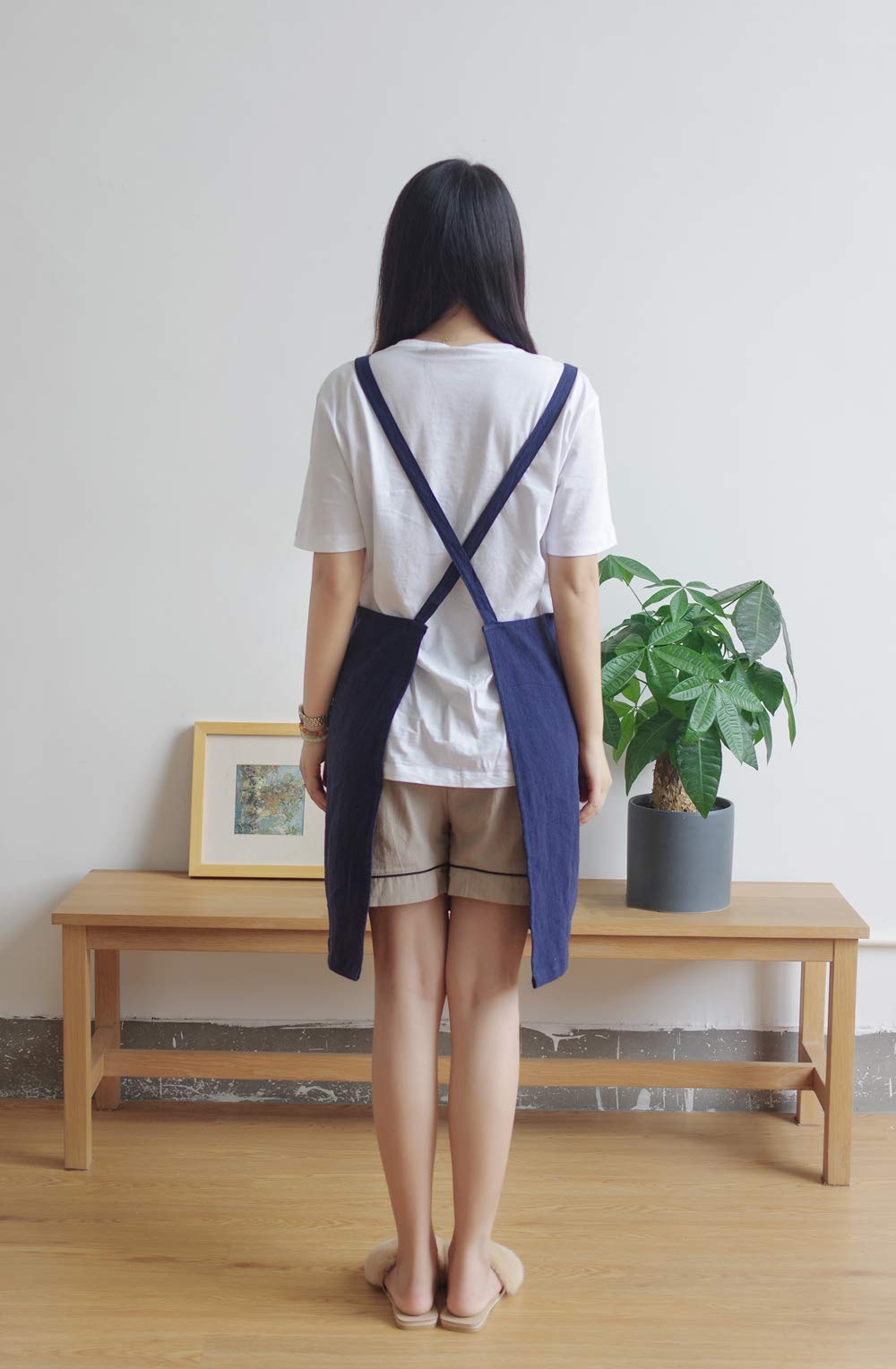 BBYBBS Adjustable Kitchen Apron Japan Style Cotton Linen with 2 Pockets Pinafore Apron For Women,Chef,Waitress,Hairstylist Fits for Grill,BBQ,Paint Cross Back H Shoulder Straps (Army Green)