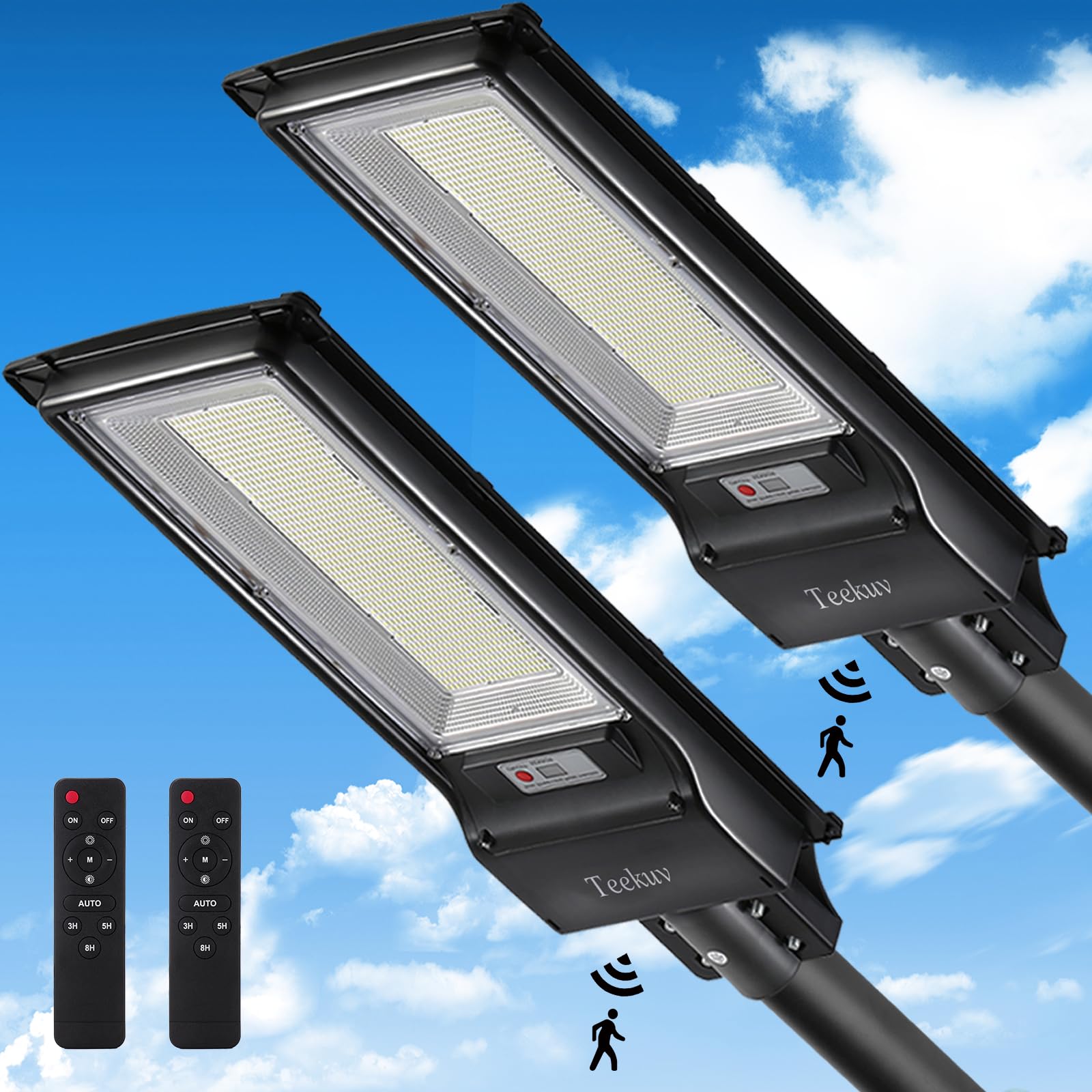 Teekuv 1500W Solar Street Lights Outdoor Waterproof, Dusk to Dawn Motion Sensor Remote Solar Flood Lights, IP67 Commercial Solar Pole Security Light Solar Powered for Street Garage Barns Squre, 2 Pack