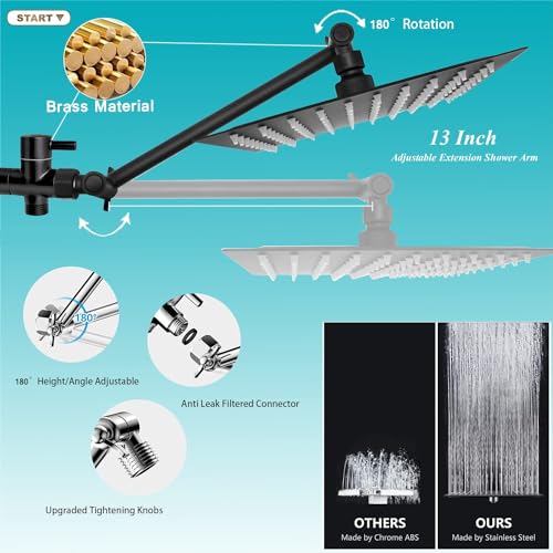 AWAXFOLO 12'' High Pressure Square Shower Head with 6-Function Adjustable Spray Handheld, 13'' Extension Arm, 78'' Hose, Water Temperature Reminder, Matte Black