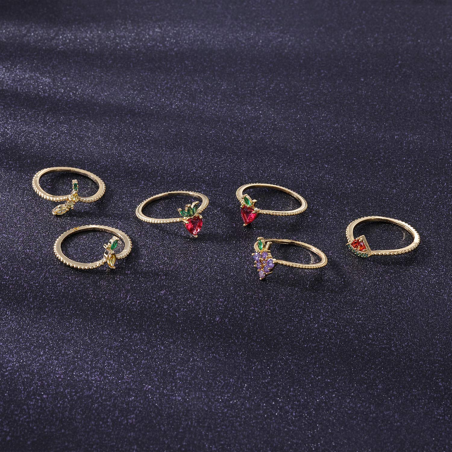 AOEDEJ 14K Gold Plated Fruit Rings Set Cute Stackable Tropical Fruit Pineapple Apple Cherry CZ Ring Sweet Cute Band Rings for Women
