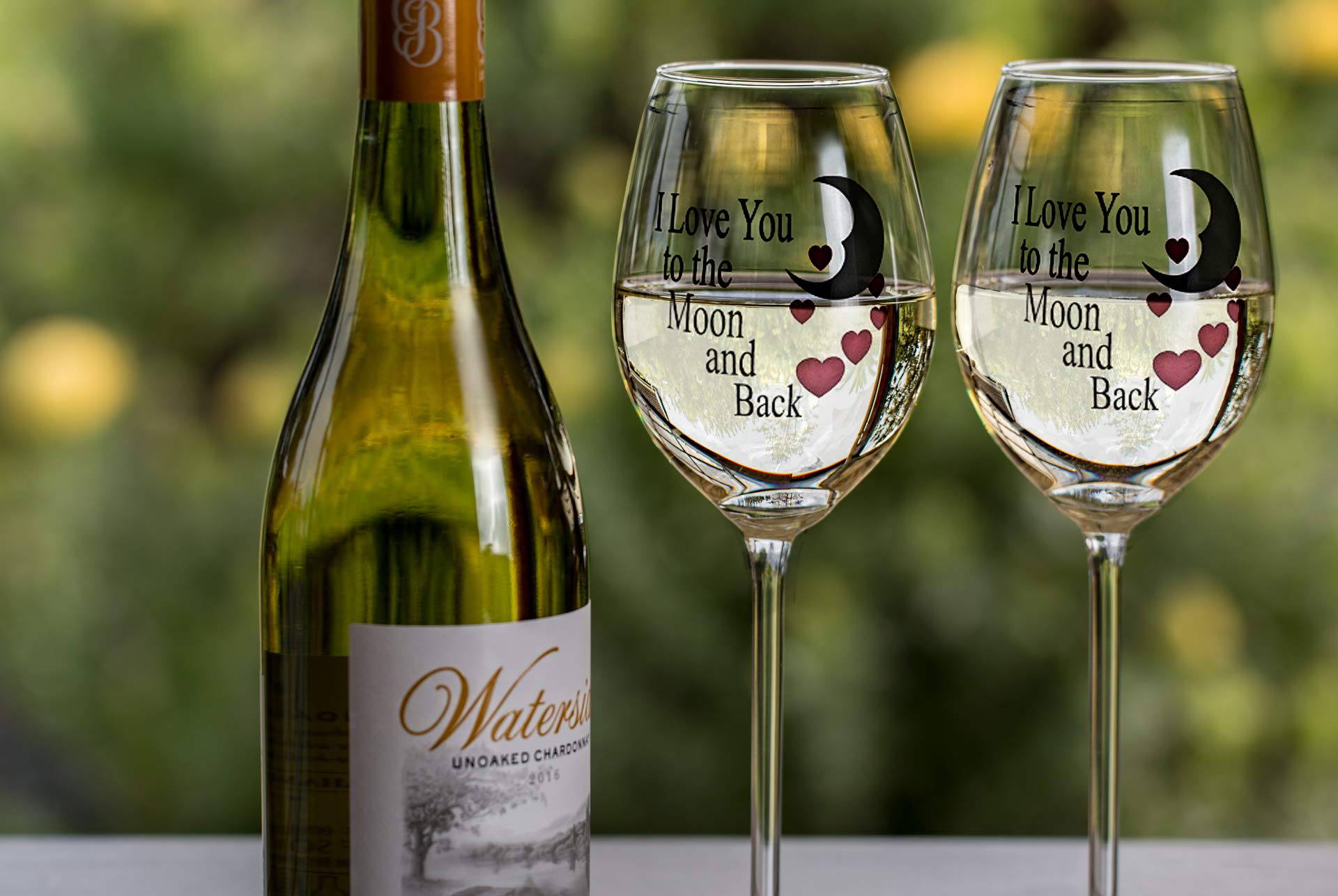 BANBERRY DESIGNS - Set of 2 Wine Glasses - I Love You to the Moon and Back Design with Red Hearts - 14 oz