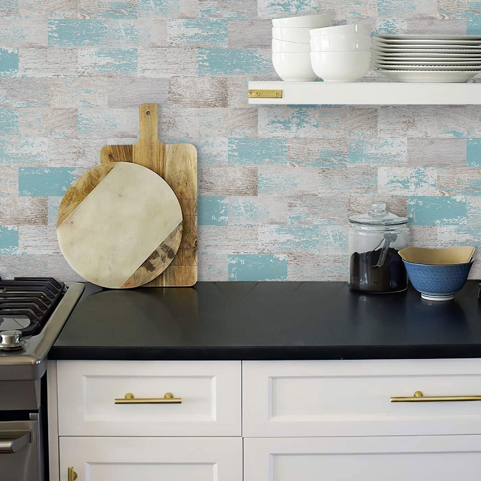 DEWOO 10-Sheet Peel and Stick Tiles Backsplash Stick on Tiles for Kitchen Wall (13.5" x 11.4",Retro Blue