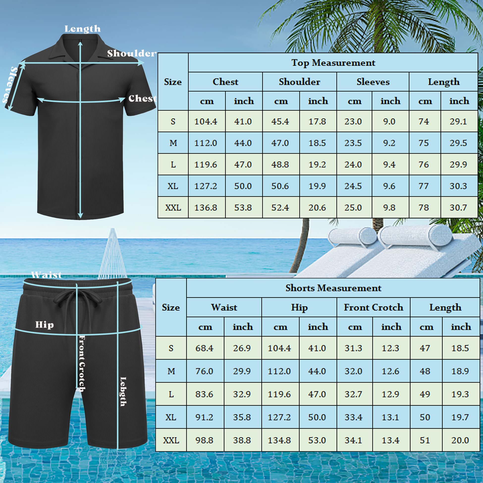 AstoSeu Mens Shirt Set Casual Button Down Shirts Short 2 Piece Shorts Tracksuit Set Black L