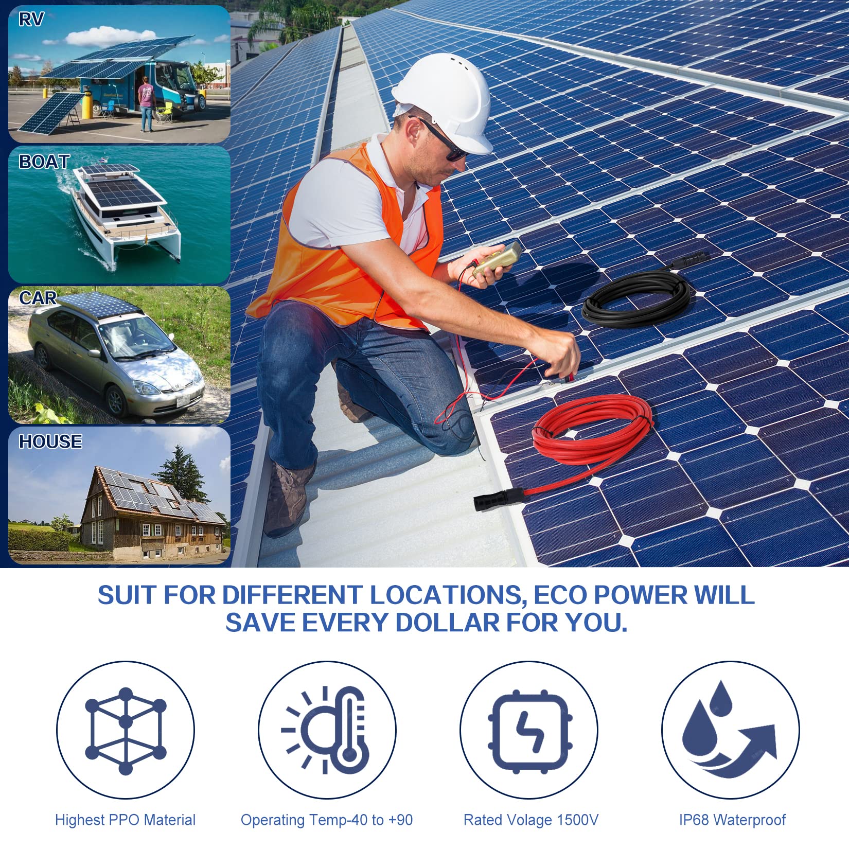 BeideLt Solar Panel Wire- 20FT Black & 20FT Red Tinned Copper Wire, 8AWG(10mm²) Solar Extension Cable with Female and Male Connectort with Adapter Tool Kit,Solar Extension Cable for Solar Panel