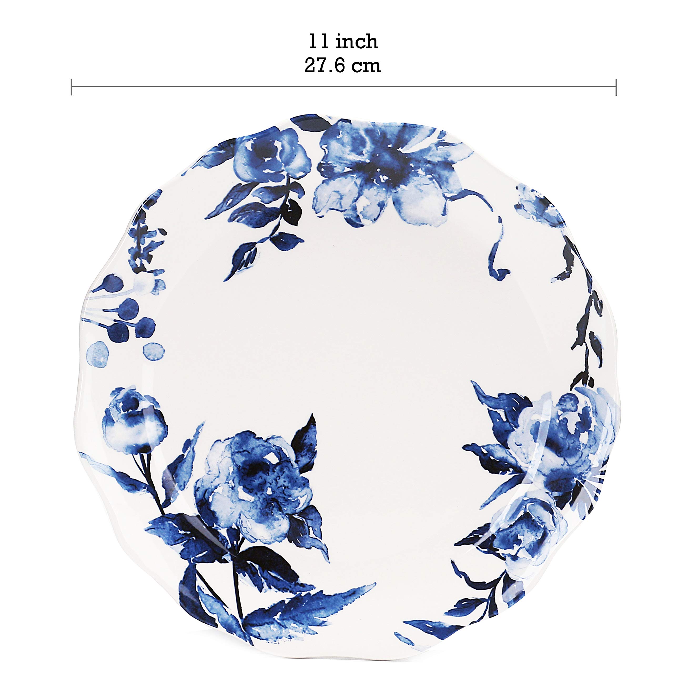 Bico Watercolor Blue Flower Scalloped Dinner Plates, Ceramic, 11 inch, Set of 4, for Pasta, Salad, Maincourse, Microwave & Dishwasher Safe