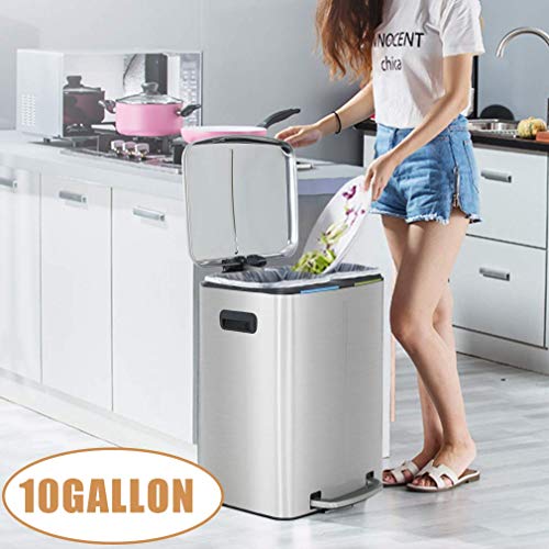 BLKMTY Trash Can 10 Gallon Kitchen Trash Can Dual Trash Can Pedal Recycle Trash Bin with Lid Inner Bucket Stainless Steel Garbage Can Rubbish Bin for Home Office Garbage Container 45L Trash Bin
