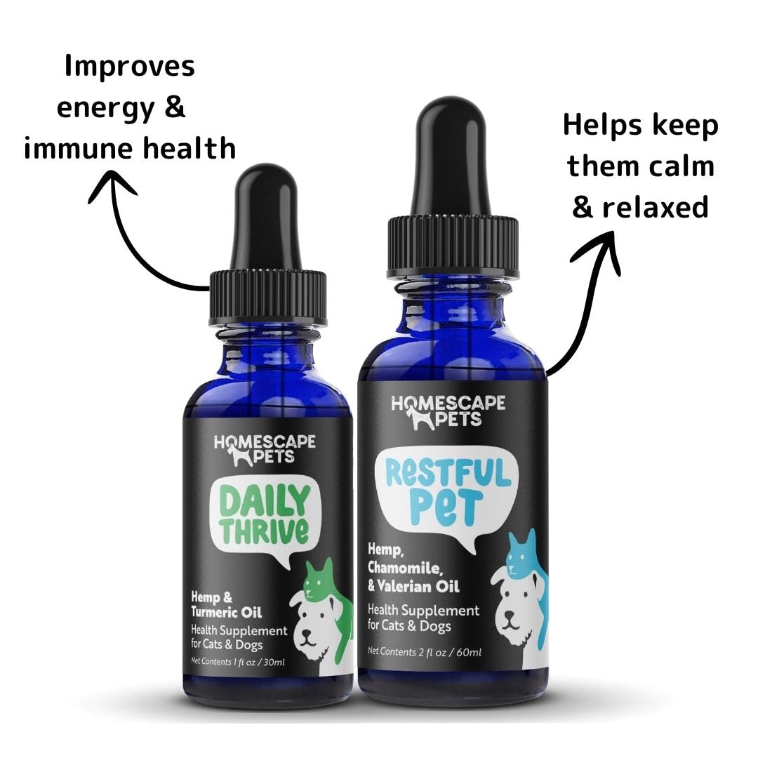 Homescape Pets Bundle Daily Thrive + RESTFUL PET: Improve Energy, Immune Health, and Aches + Help Reduce Anxiety and Stress - Supplements for Dogs and Cats