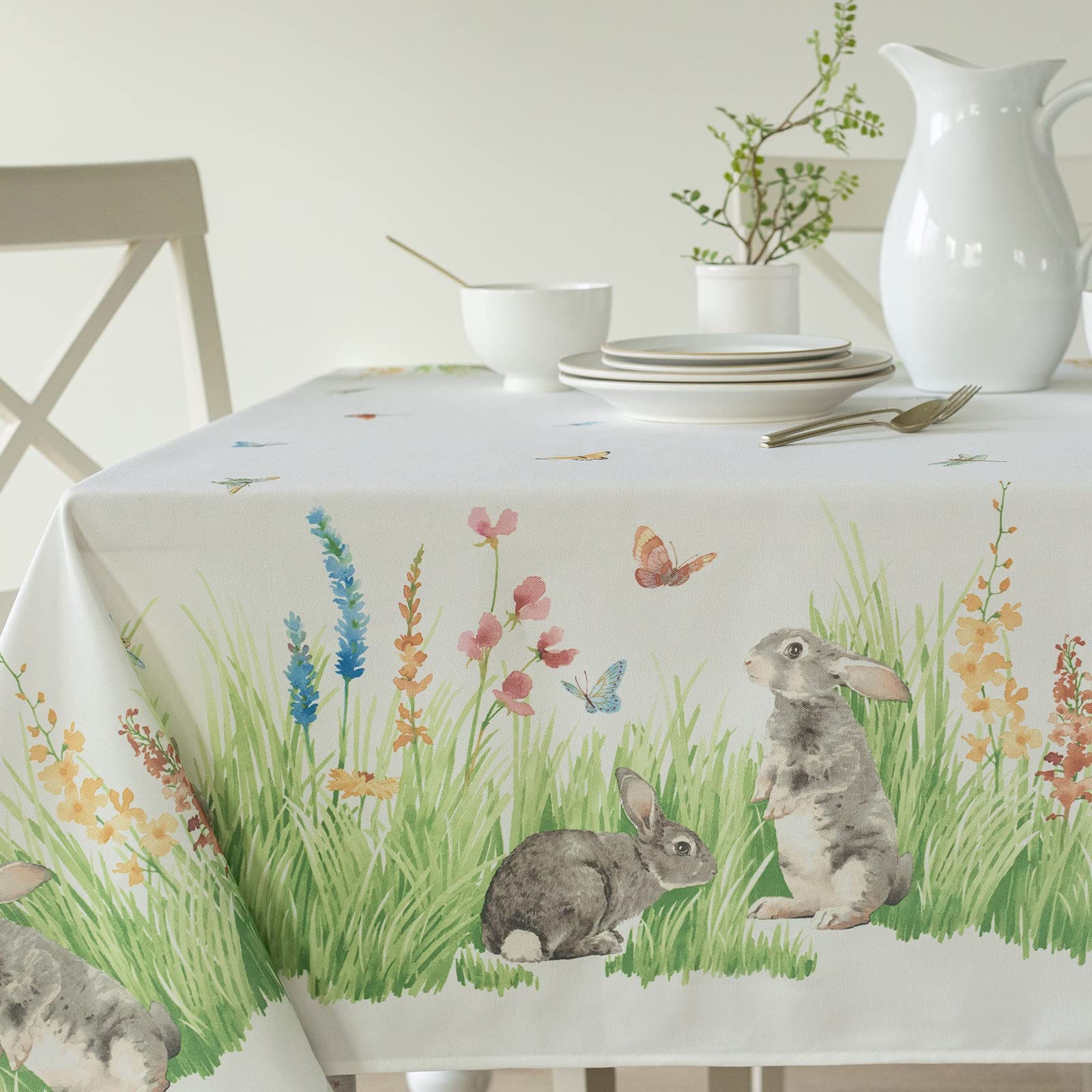 Benson Mills Bunny Meadow Easter Heavyweight Fabric Tablecloth, Spillproof Indoor/Outdoor Spring and Easter Table Cloth (60" x 84" Rectangular, Bunny Meadow)