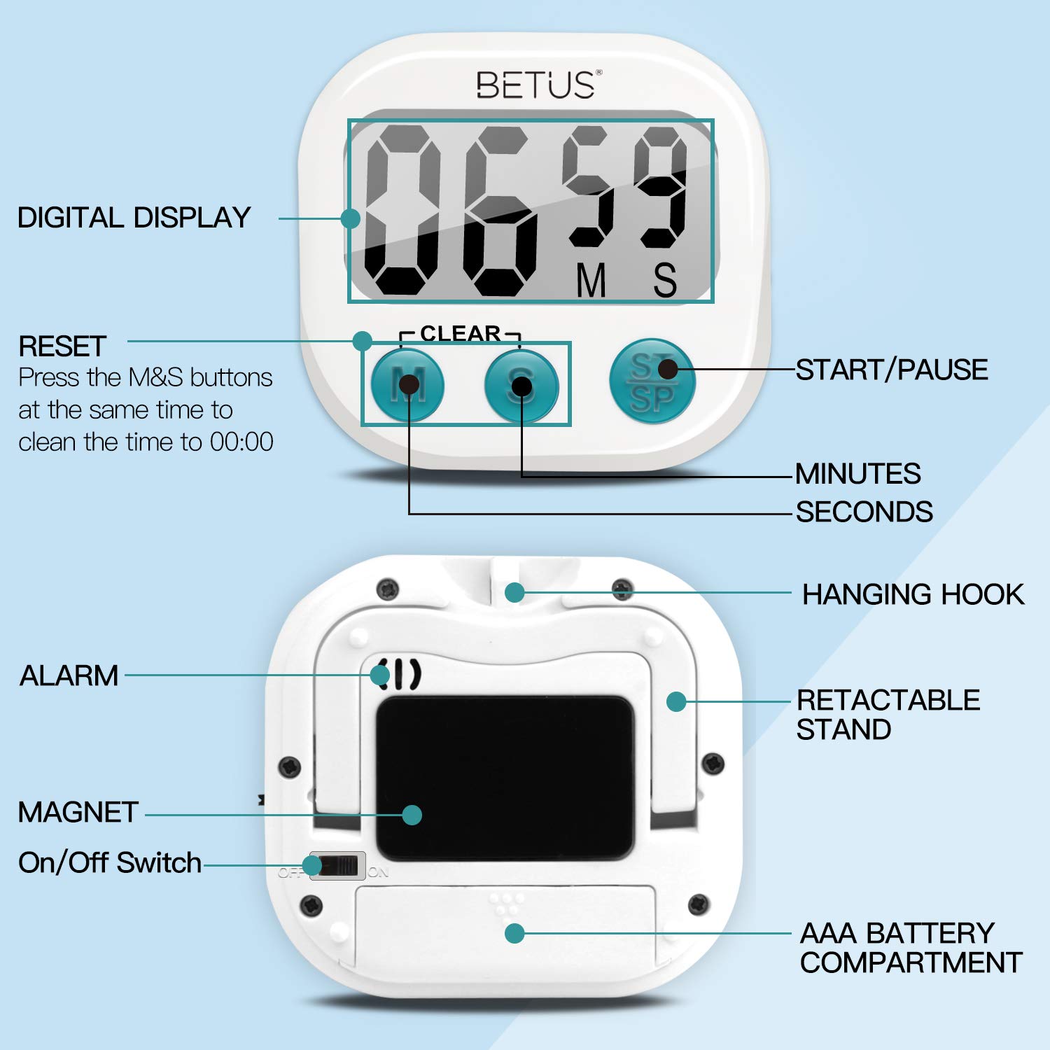 Betus Digital Kitchen Timer - Big Digits, Simple Operation and Loud Alarm - Magnetic Backing or Table Stand - Stopwatch Count Up and Down for Cooking Baking Sports Games Office