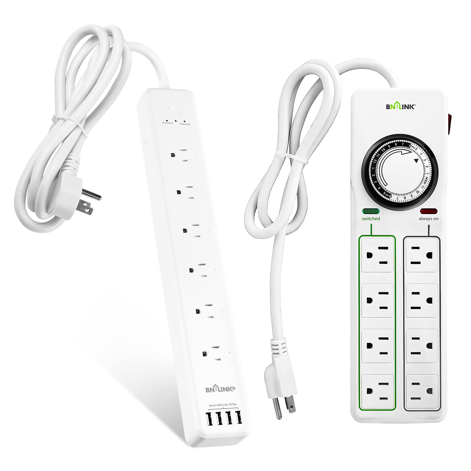 BN-LINK 8 Outlet Surge Protector with Mechanical Timer (4 Outlets Timed, 4 Outlets Always On),6.6FT Extension Cord Flat Plug, White Surge Protector Power Strip with 6AC Outlets 4 USB Ports