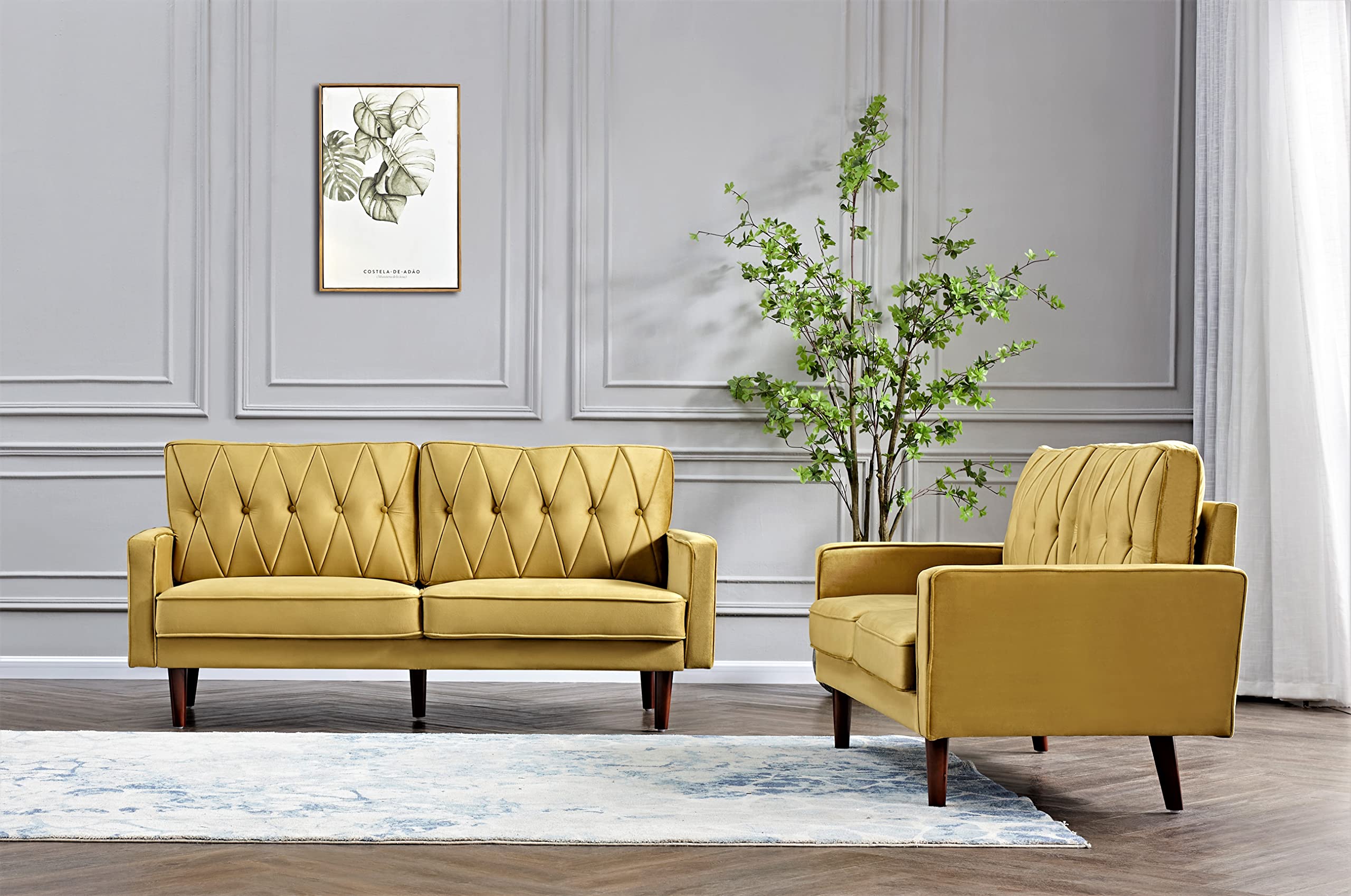 Container Furniture Modern Style Tufted Velvet Couch for Living Room with Soft Fabric Upholstery and Solid Wood Frame, 57.5'' Wide Loveseat, Yellow Green